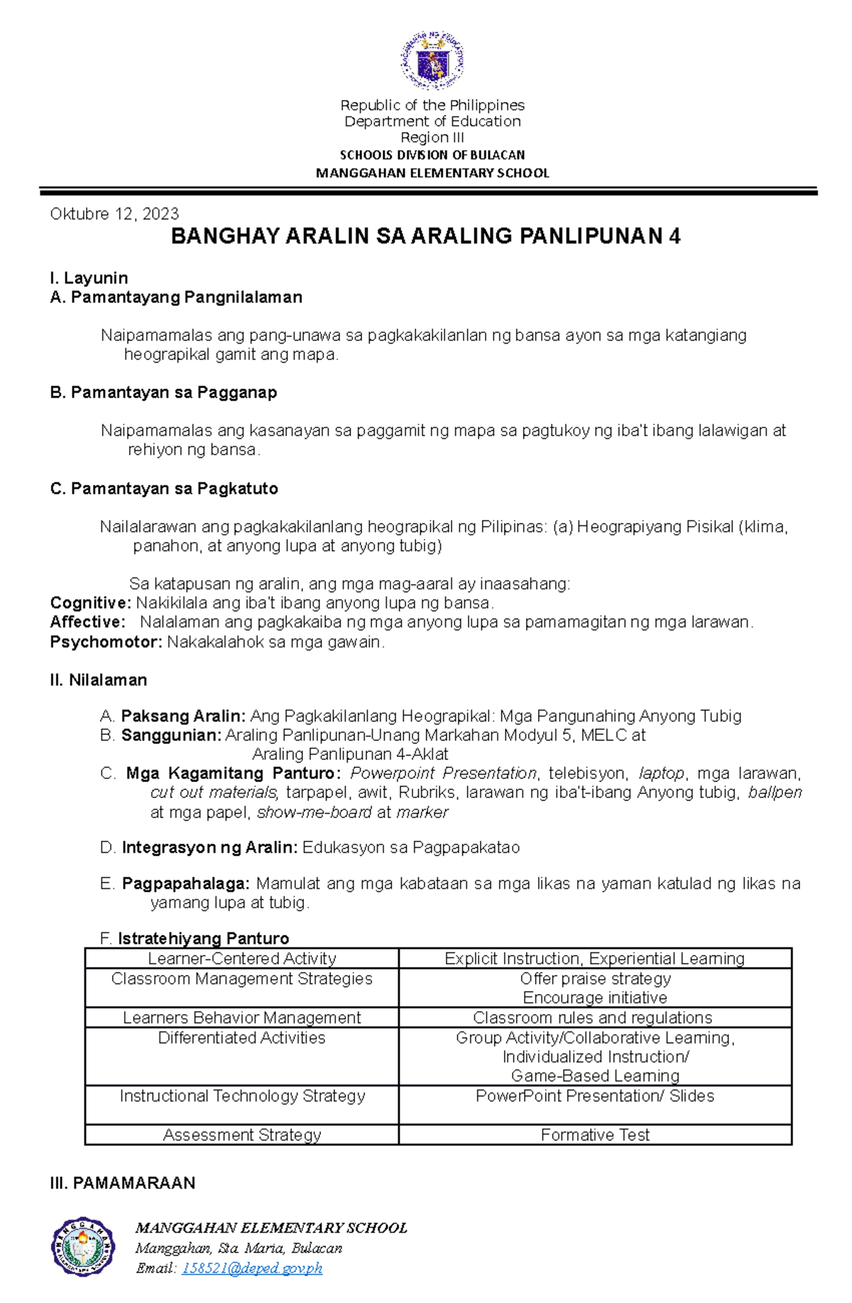 Banghay Aralin SA AP 5 - DLL - Oktubre 12, 2023 BANGHAY ARALIN SA ...