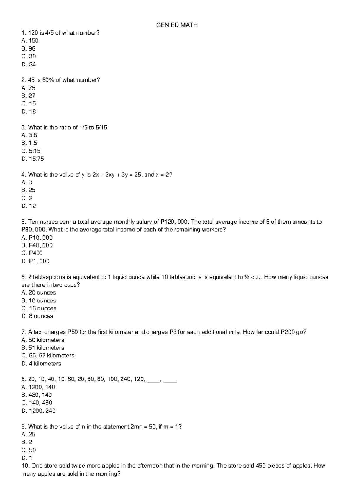 GEN ED MATH 1 - LET Practice Drills and Problem Solving - Studocu