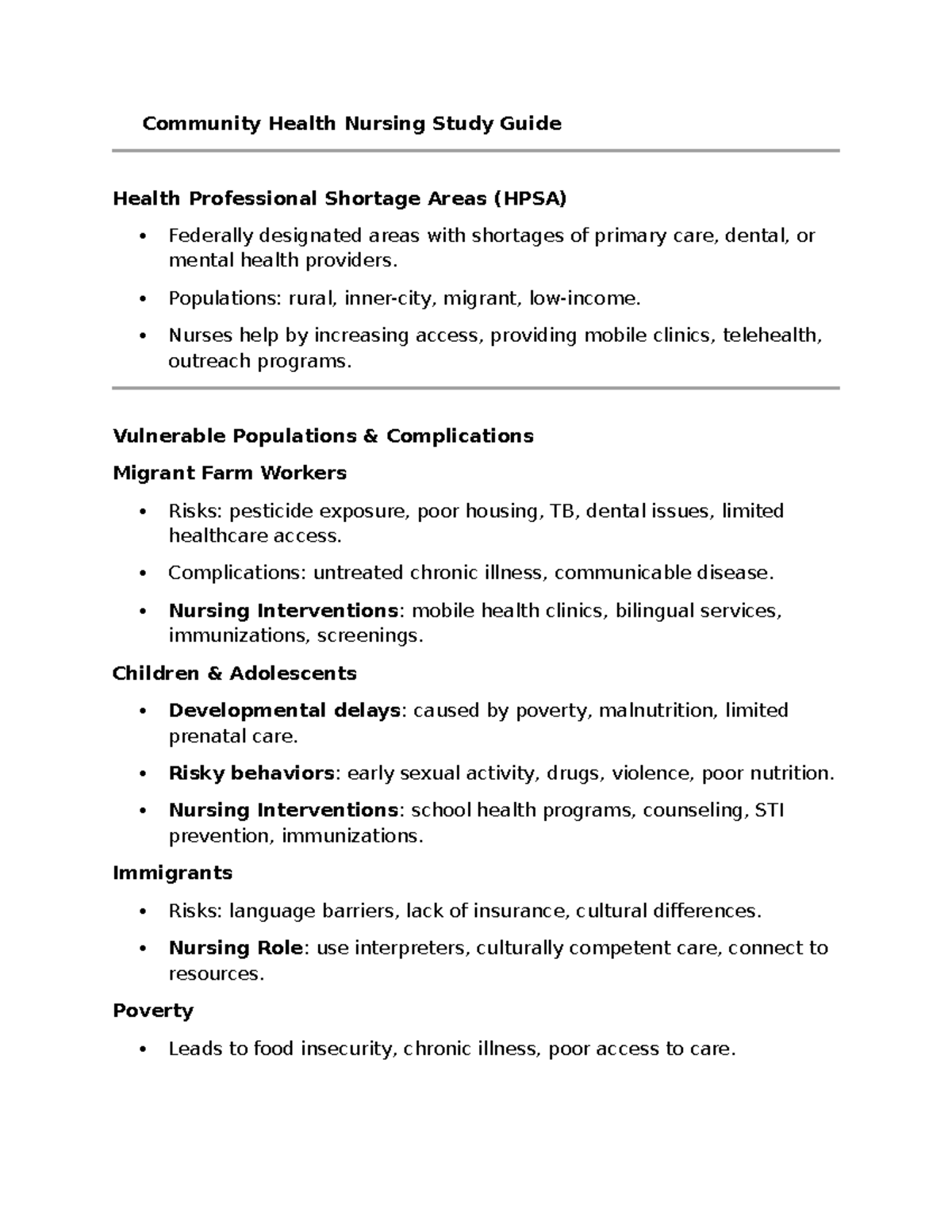 Community Health Nursing Study Guide: HPSA & Vulnerable Populations ...
