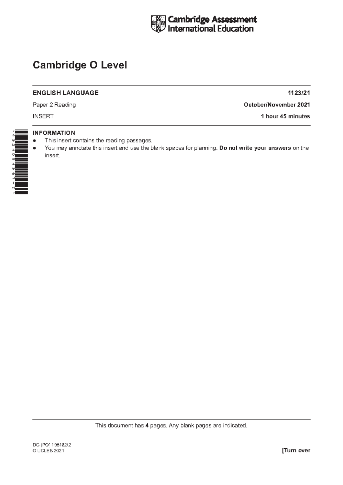 Cambridge O Level 1123/21 Past Paper - English Language Reading 2021 ...