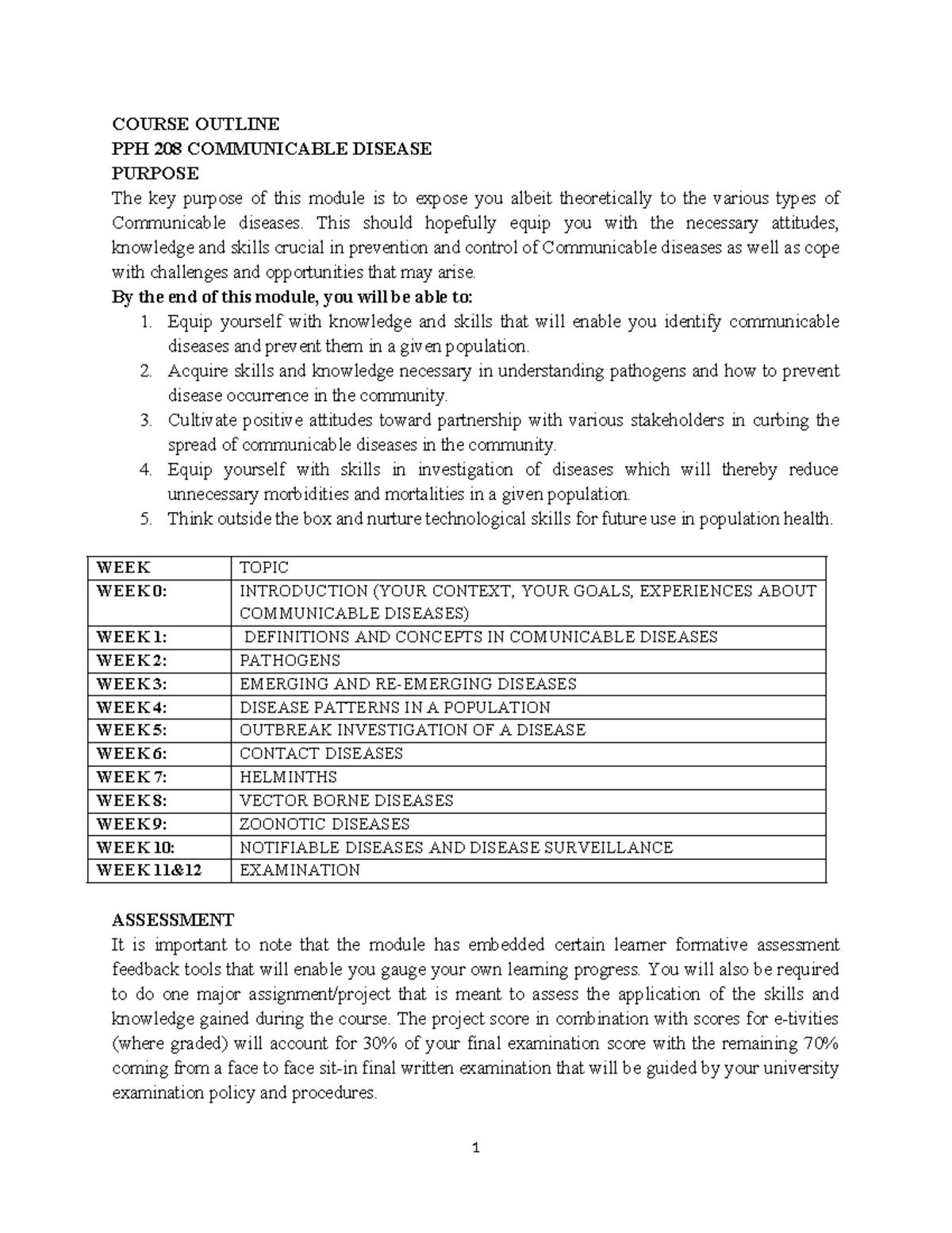 PPH 208 Course Outline: Understanding Communicable Diseases - Studocu