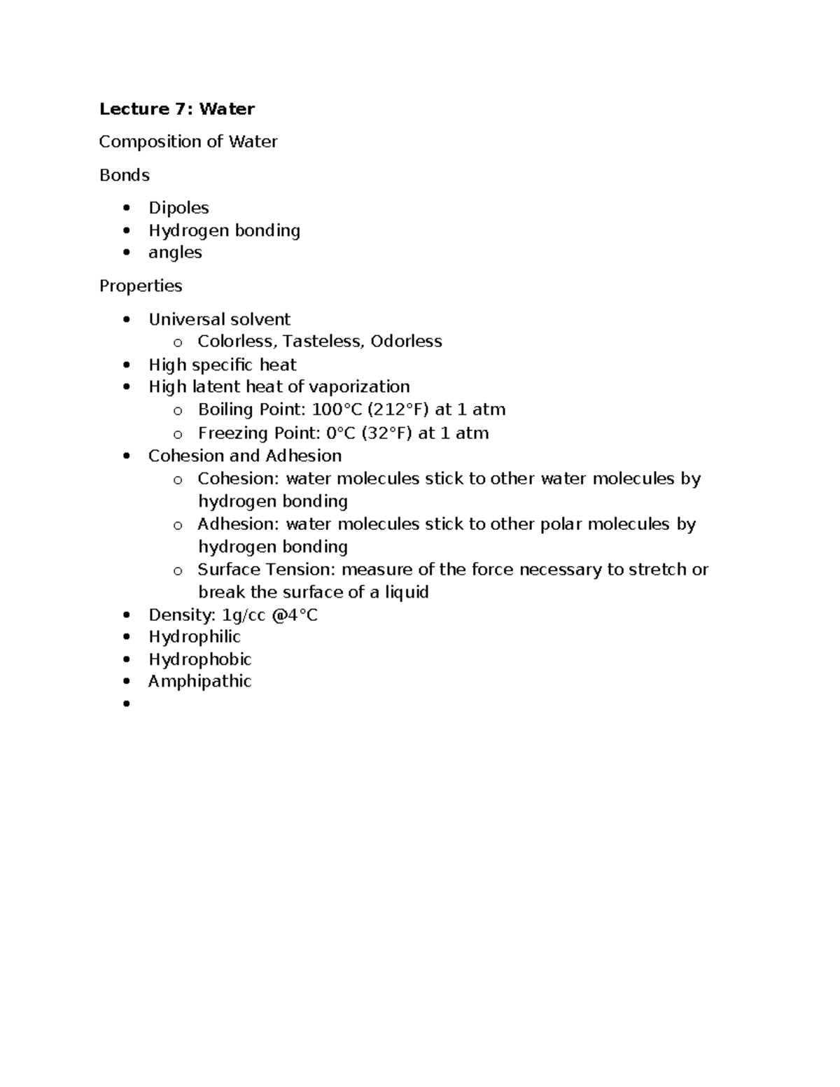 Analysis of DNA - Lecture notes for Exam 1 - Lecture 7: Water ...