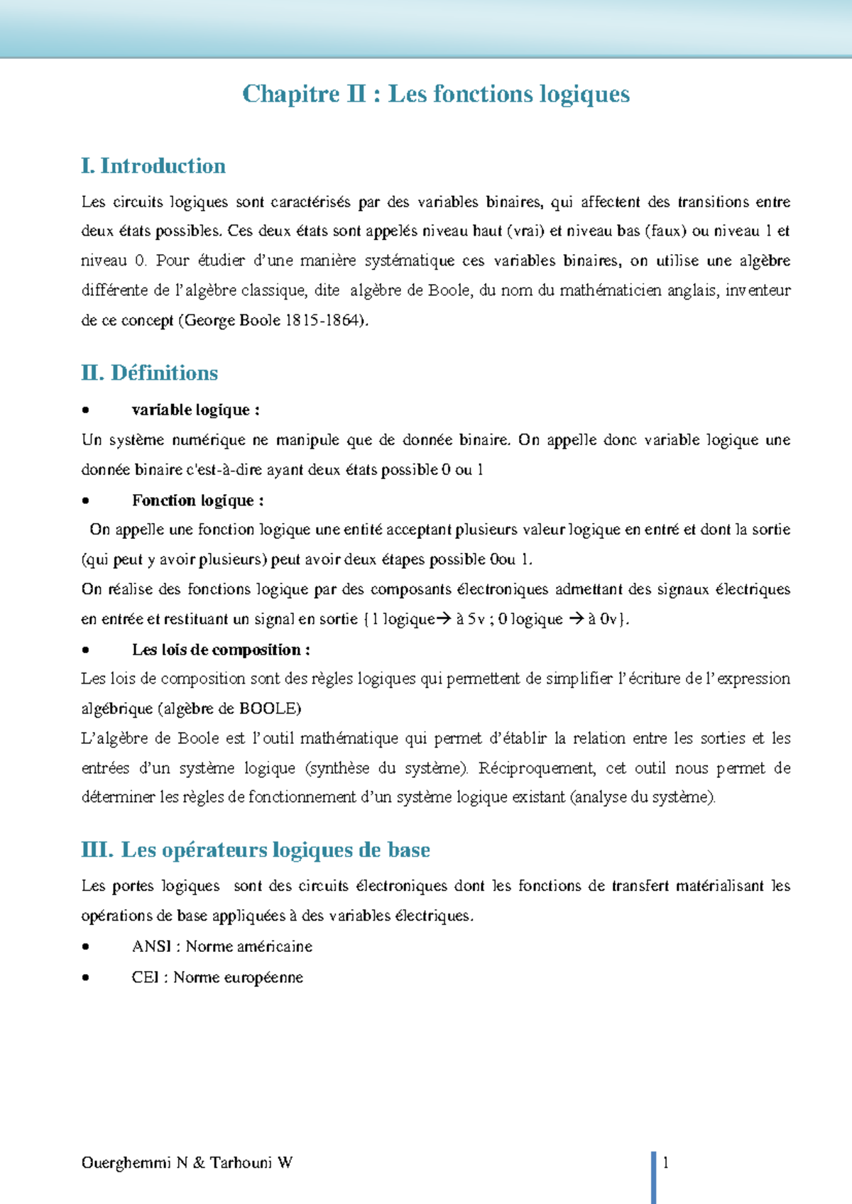 Chapitre II : Fonctions Logiques et Algèbre de Boole - Studocu