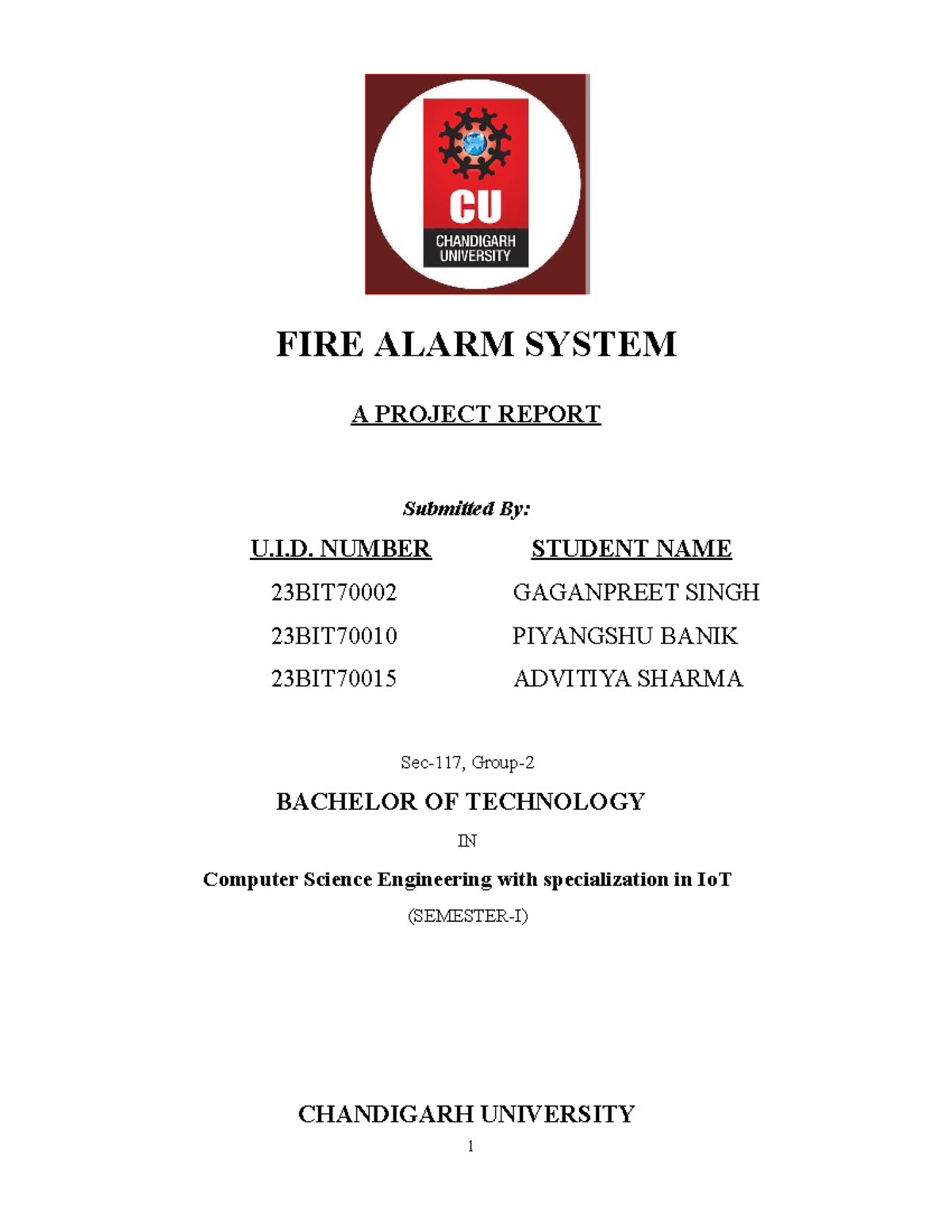 Fire Alarm System Project Report - B.Tech CSE IoT (Sem-I) - Studocu