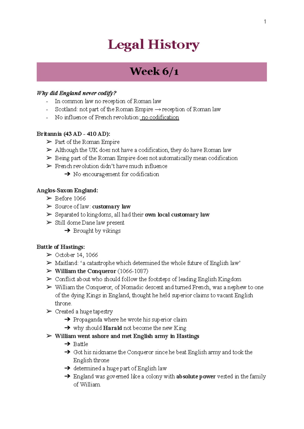 Legal History: Week 6 - Insights on Codification in England - Studeersnel