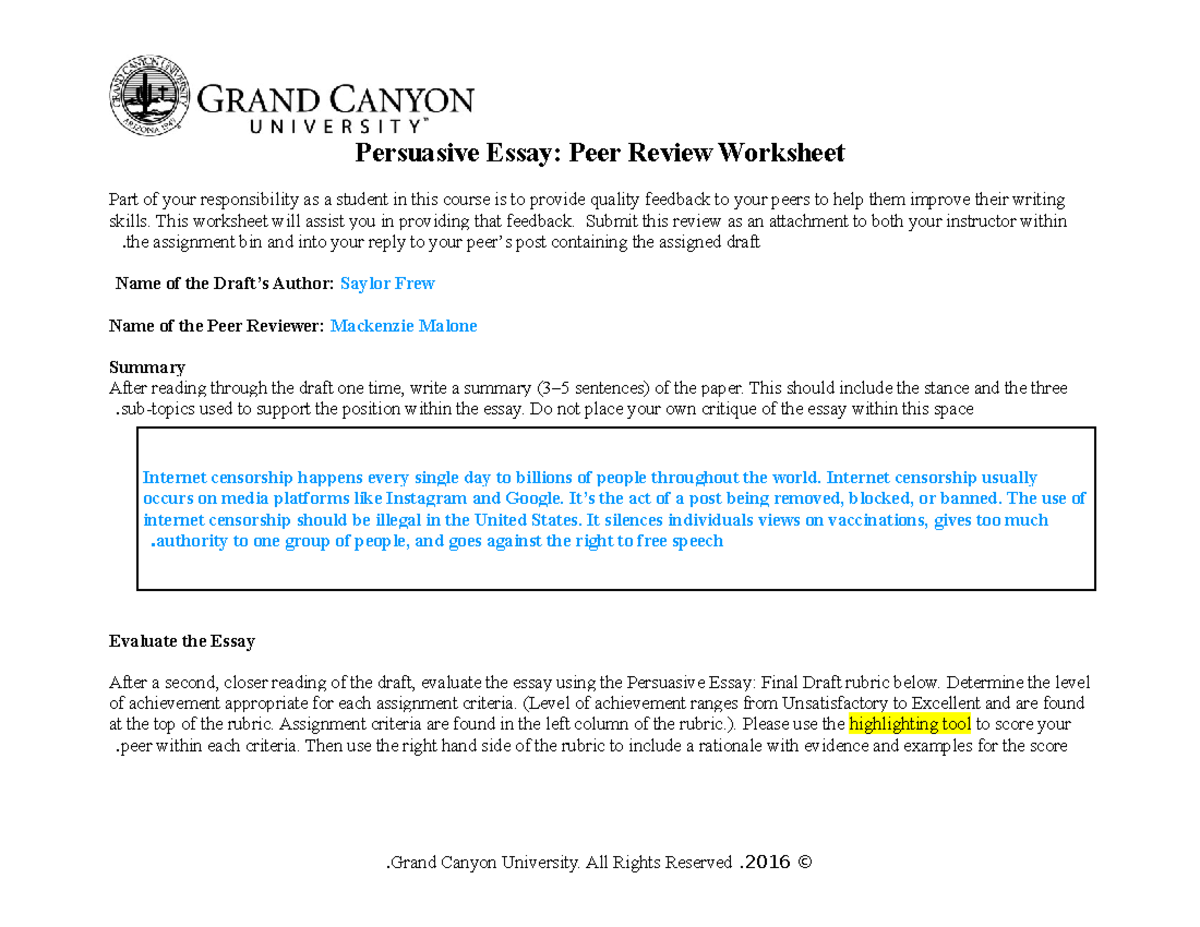 Persuasive Essay Peer Review Worksheet - This worksheet will assist you ...