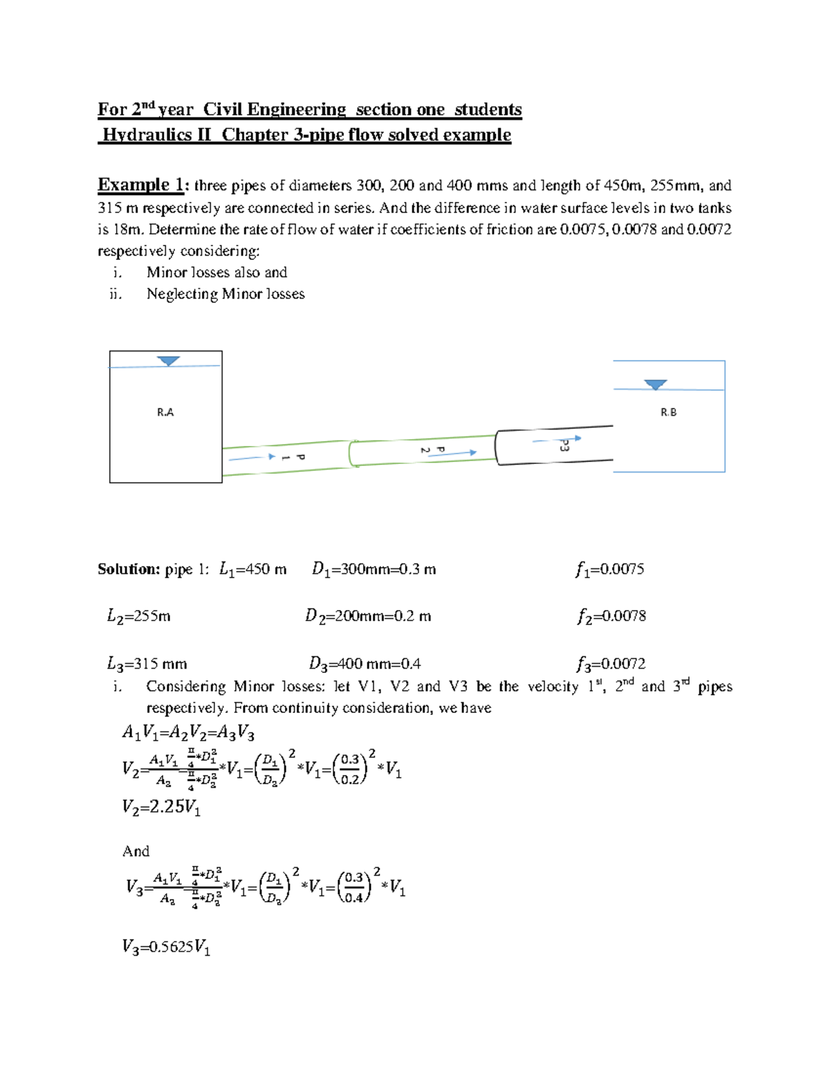 Hydraulics II (CE 201) Chapter 3: Pipe Flow Solved Examples - Studocu