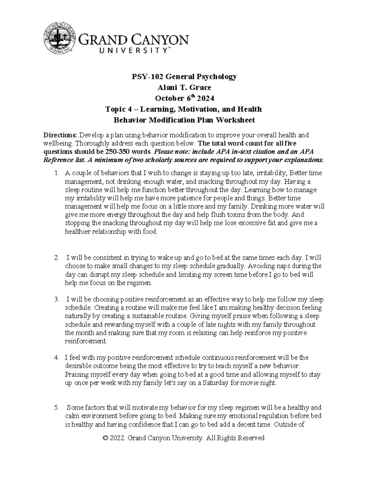 Behavior Modification Plan - PSY-102 General Psychology Alani T. Grace ...