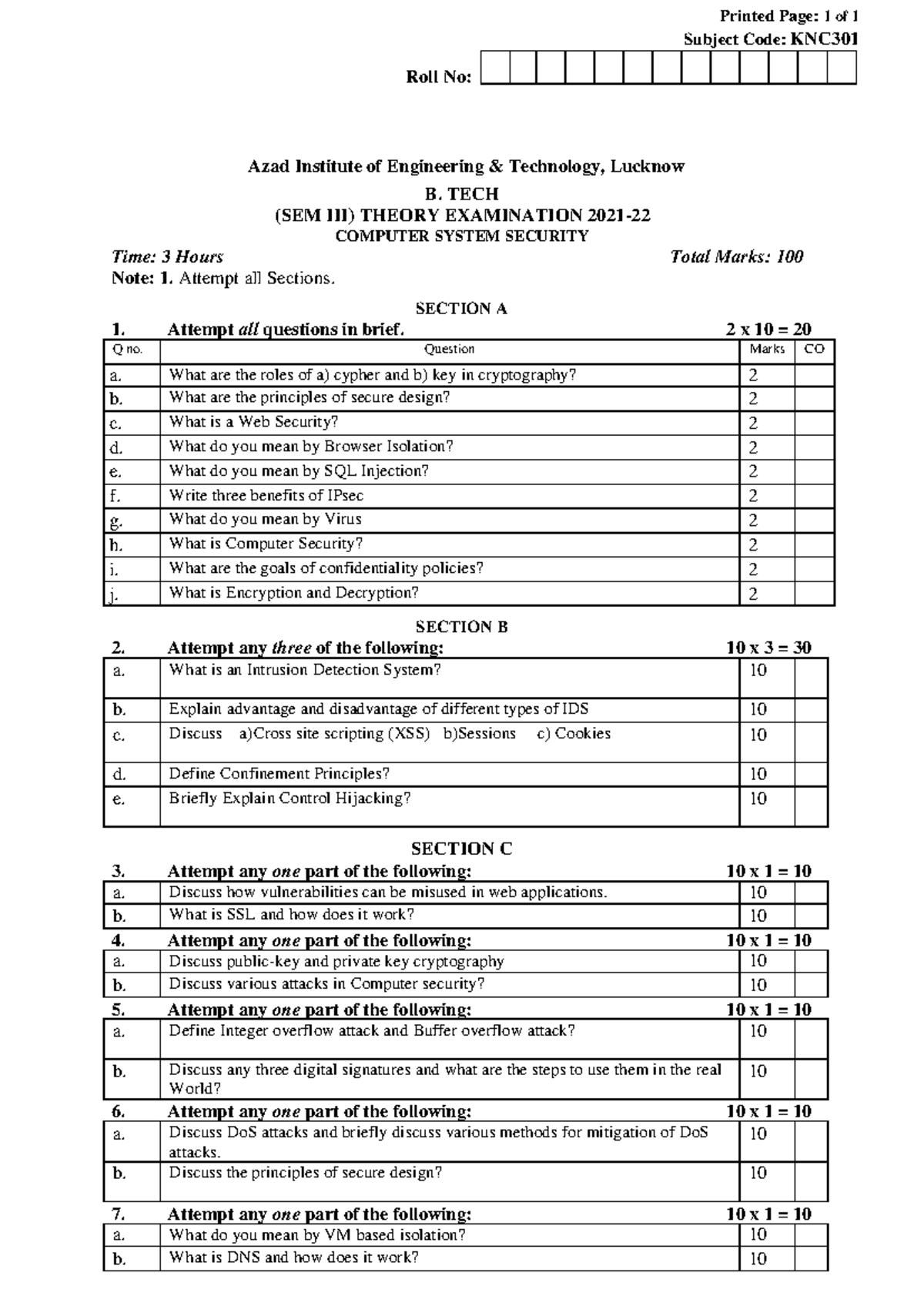 Computer System Security Knc 301 Roll No Printed Page 1 Of 1
