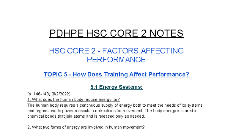HSC PDHPE CORE 2 Final Exam Notes on Factors Affecting Performance ...