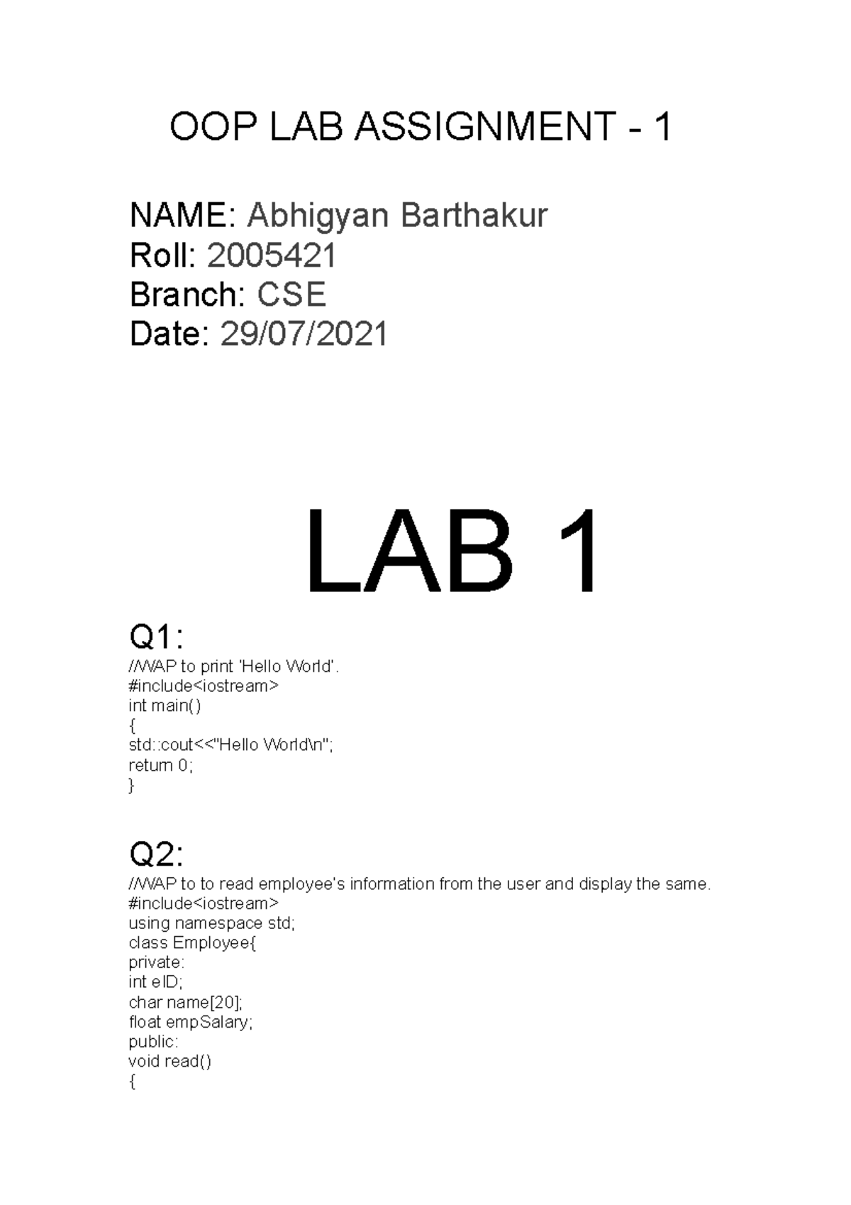 2005 421 oop lab 1 - lab assignment - OOP LAB ASSIGNMENT - 1 NAME: Abhigyan Barthakur Roll ...