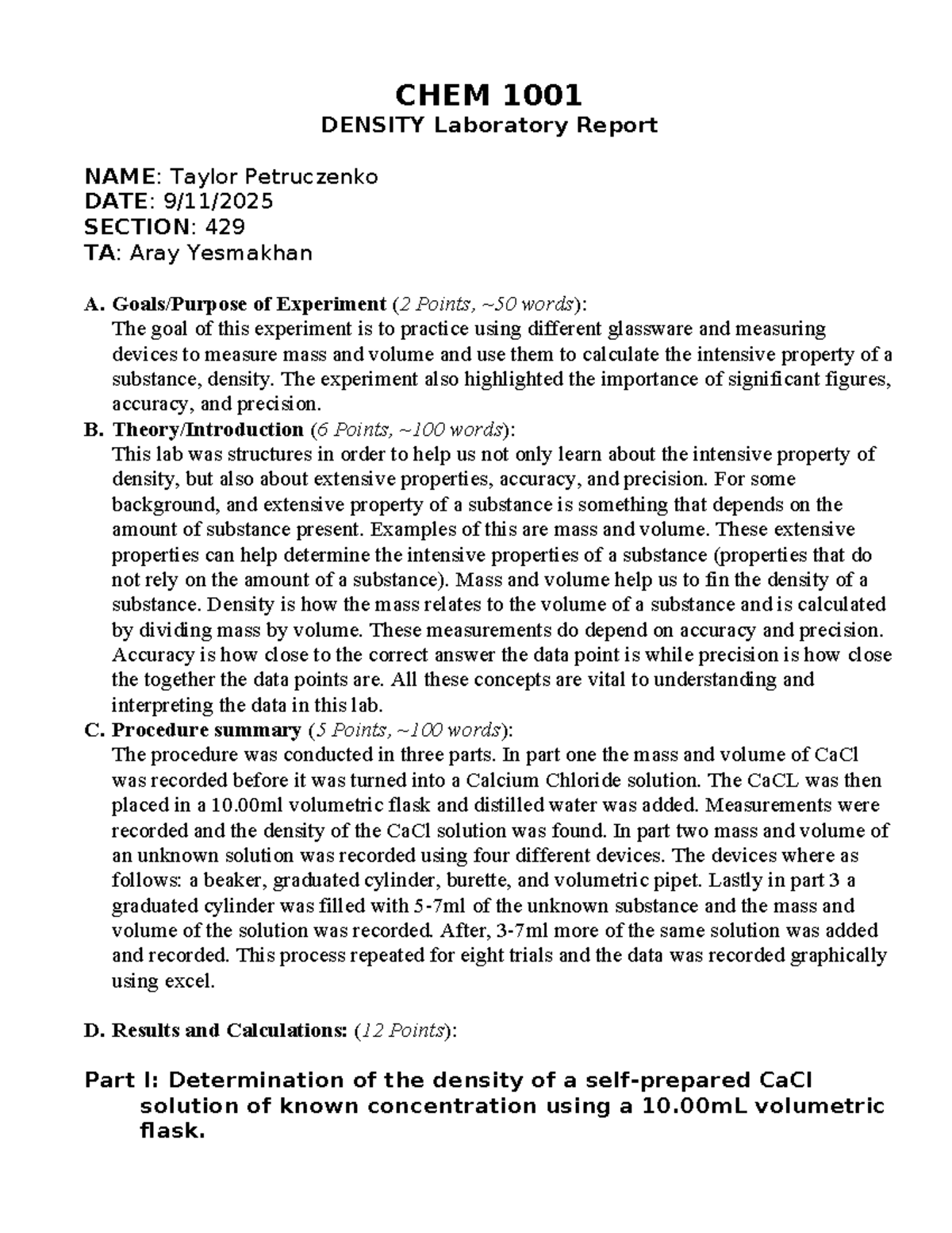CHEM 1001 Density Lab Report: Accuracy, Precision, and Results - Studocu