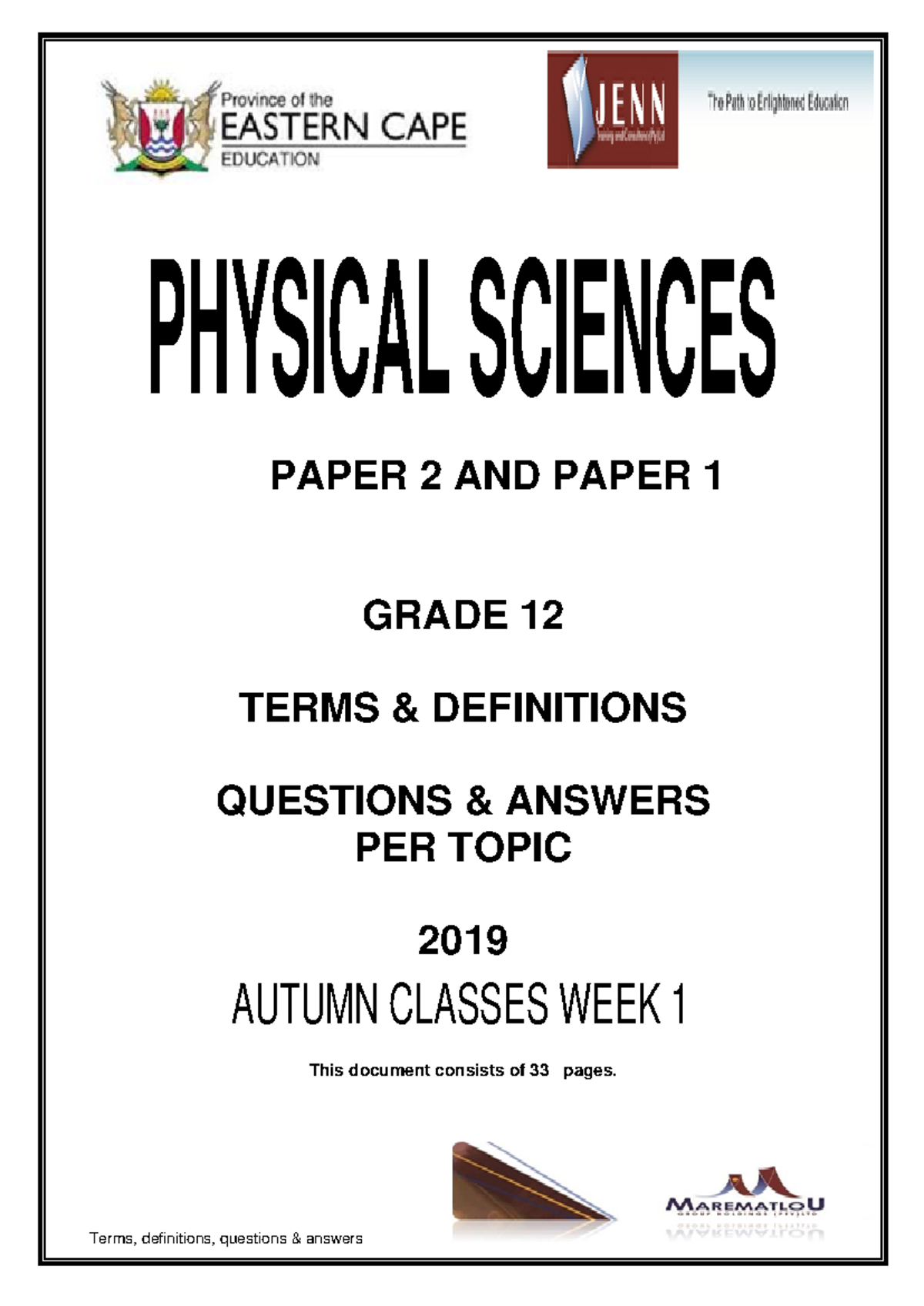 Autumn Classes Week 1: Physical Sciences - Grade 12 Notes 2019 - Studocu