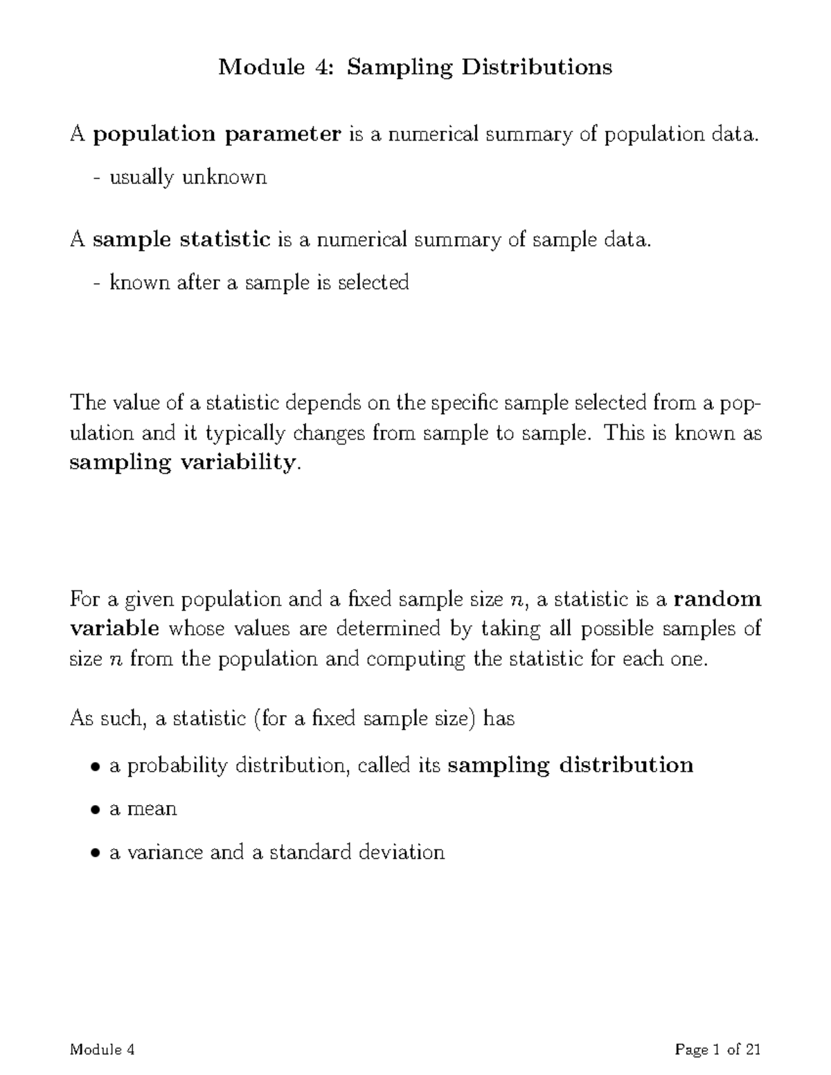 Module 4 Annotated - Module 4: Sampling Distributions A population ...
