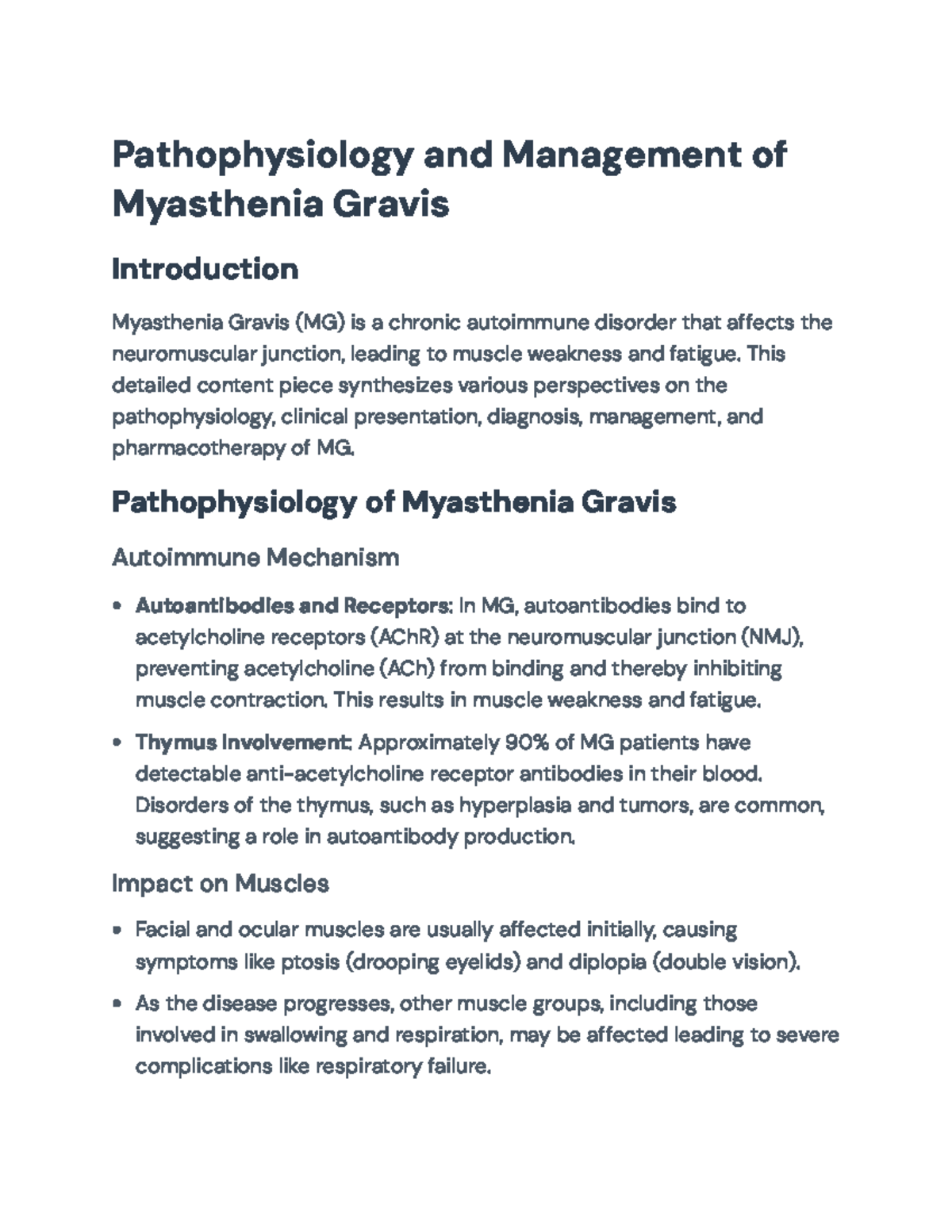 Pathophysiology and Management of Myasthenia Gravis (MG) Overview ...