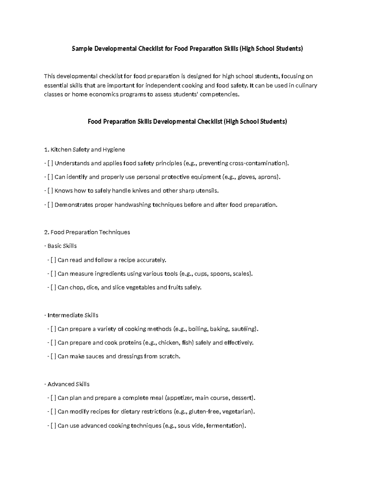 Sample Developmental Checklist for Food Preparation Skills - It can be ...