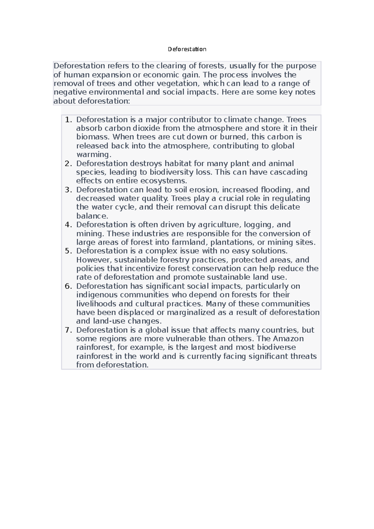 Deforestation: Key Notes on Environmental Impact and Solutions - Studocu