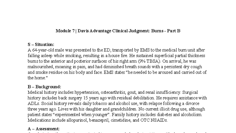 Module 7: SBAR Clinical Judgment on Burns - Case Study Analysis - Studocu