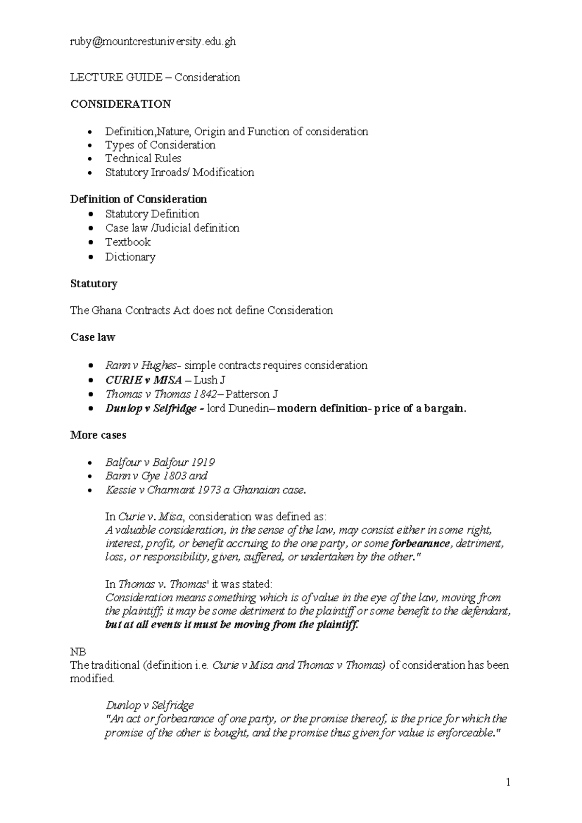 Consideration Lecture Guide (LAW 101) - Key Concepts and Case Law - Studocu