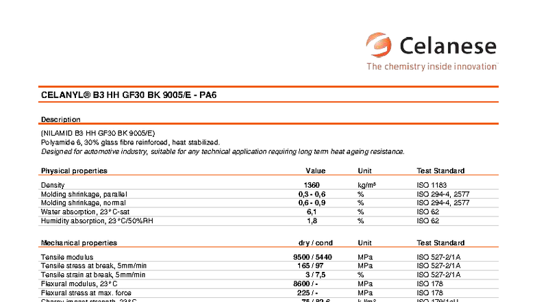 B3 HH GF30 BK PA6 Technical Data Sheet for Polyamide 6 - Studocu