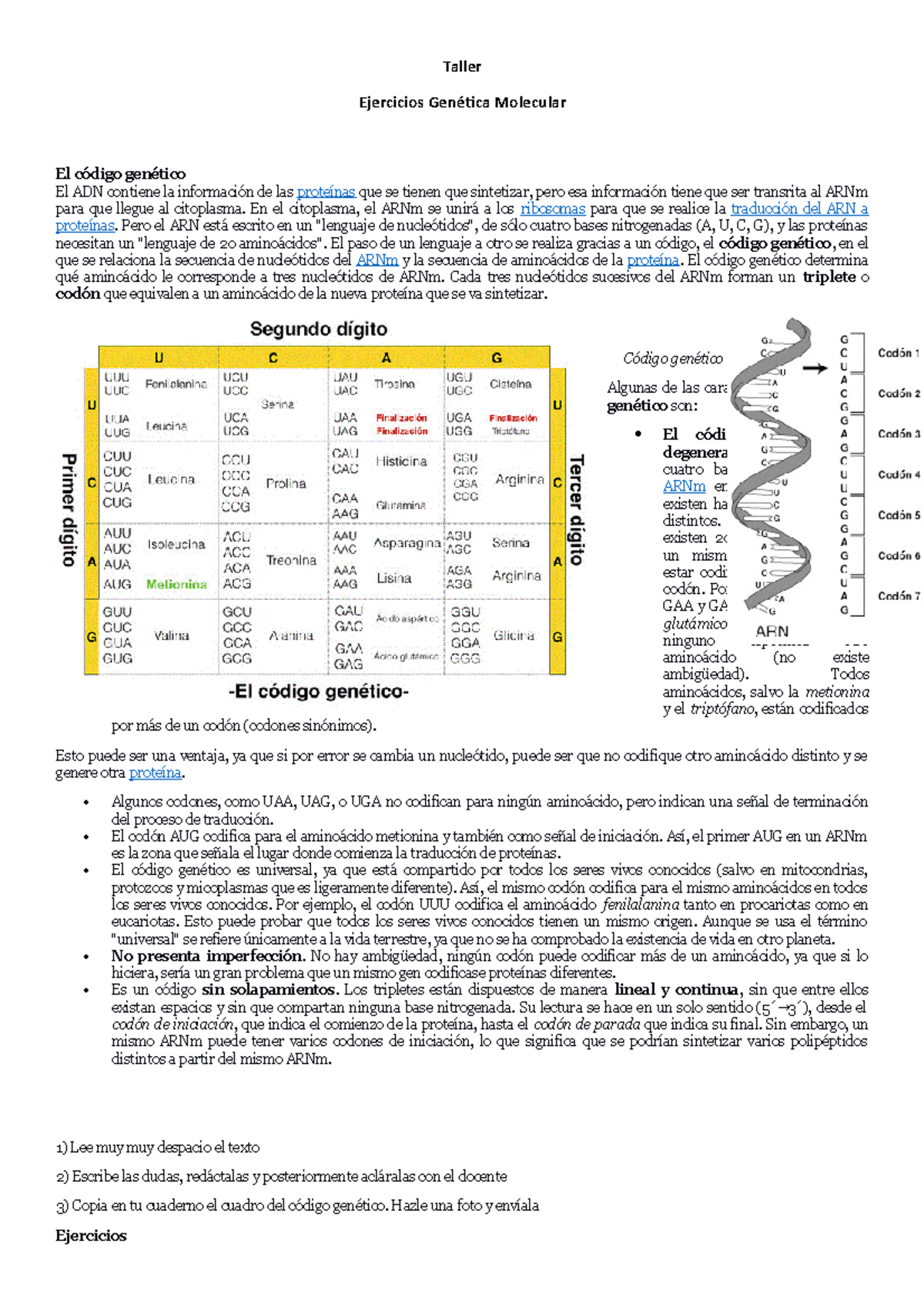 Ejercicios de ADN y Código Genético en Genética Molecular - Studocu