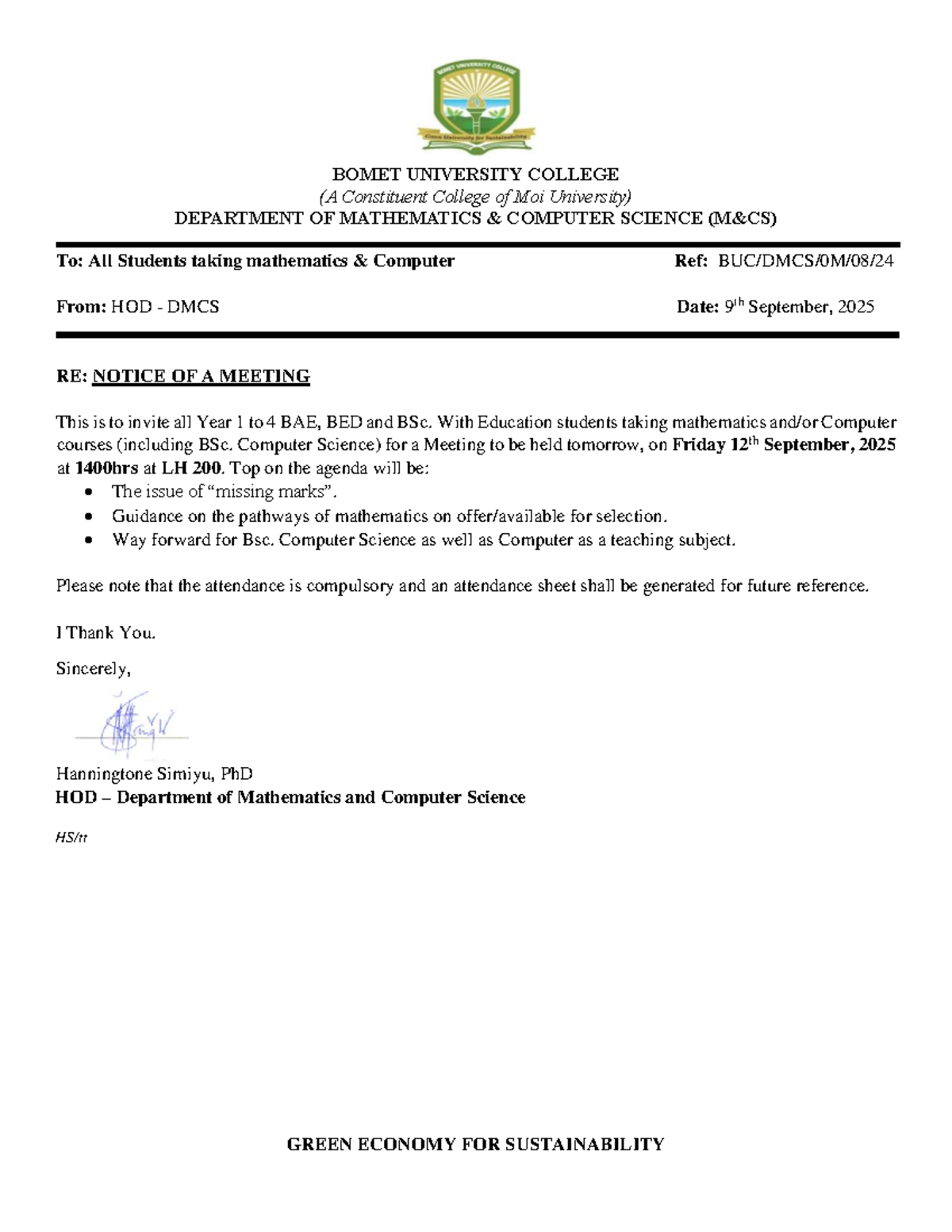Meeting Notice for Mathematics Students - BOMET UNIVERSITY COLLEGE ...