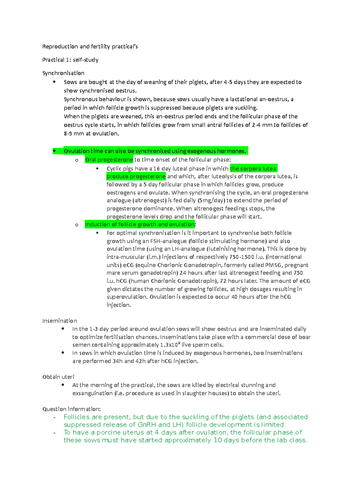 Reproduction and Fertility Practical 1: Synchronisation and ...
