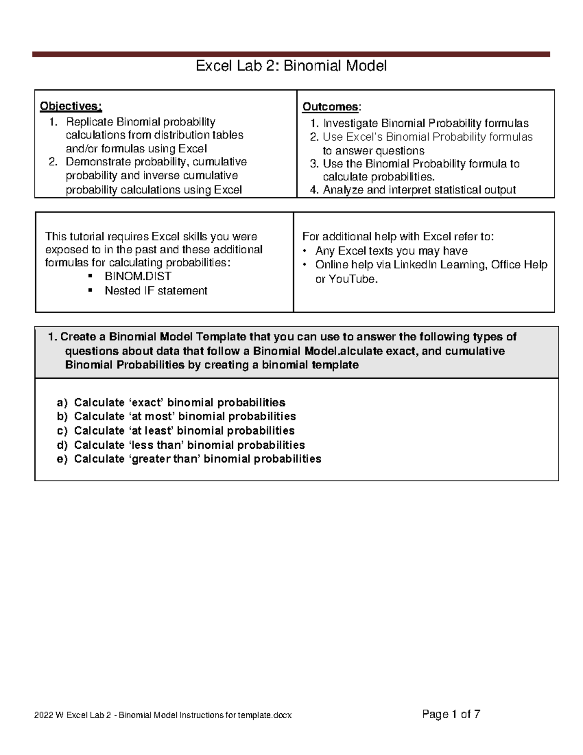 Excel Lab 2 - Binomial Model Instructions for template - Objectives ...