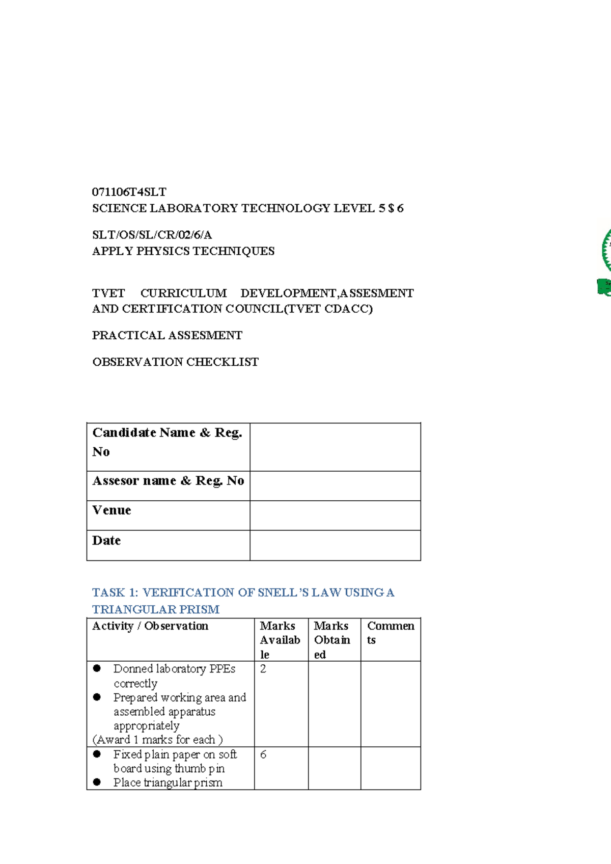071106T4SLT Practical Assessment Checklist for Physics Techniques - Studocu