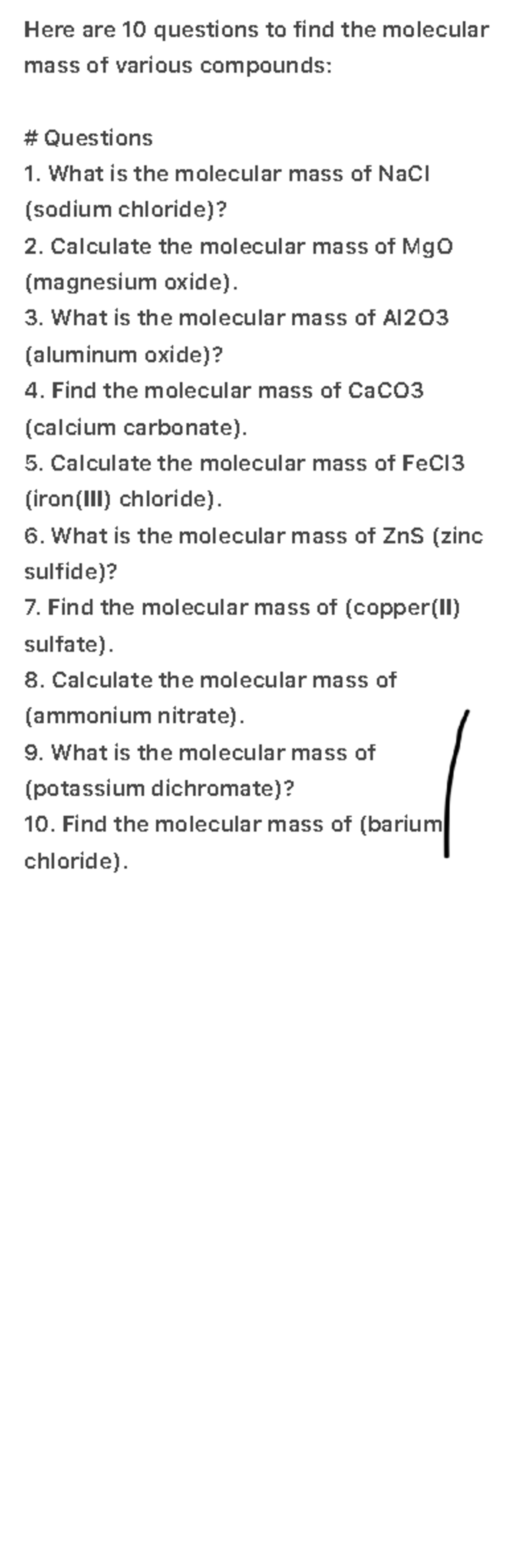 Molecular Mass Calculation Qs: Compounds Analysis Guide - Studocu