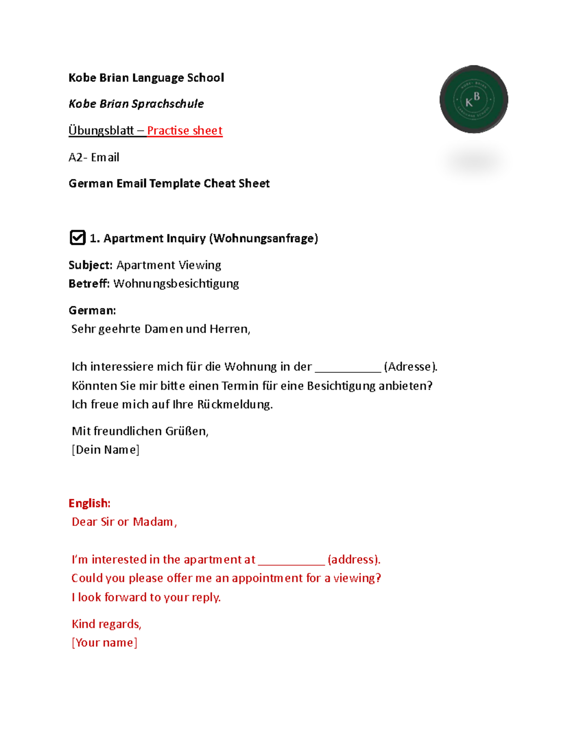 KBS A2 German Email Template Cheat Sheet - Studocu