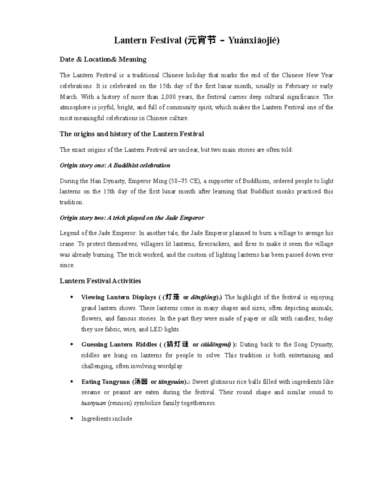 Lantern Festival (元宵节) - Cultural Significance & Traditions - Studocu