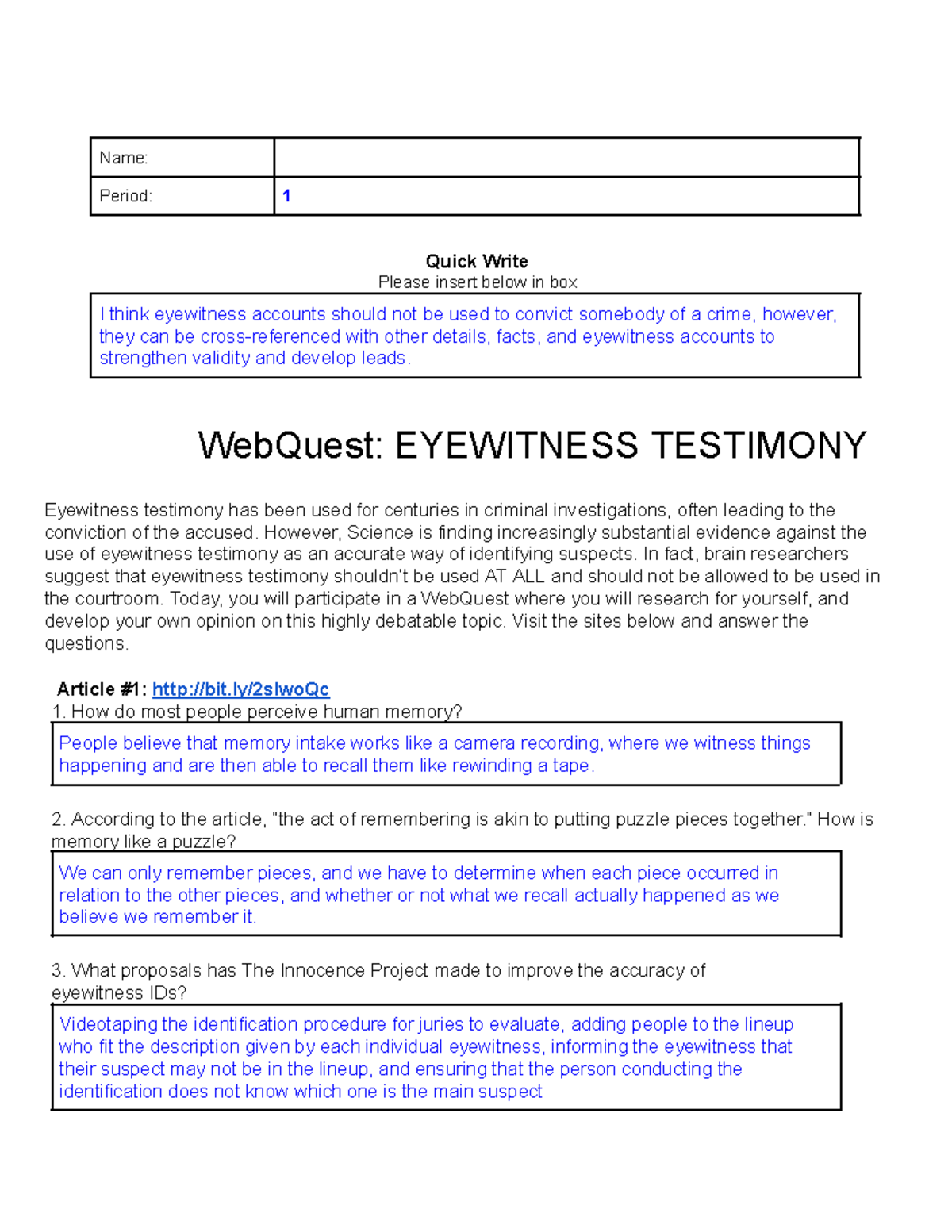 Eyewitness Testimony WebQuest: Analyzing Reliability and Impacts - Studocu