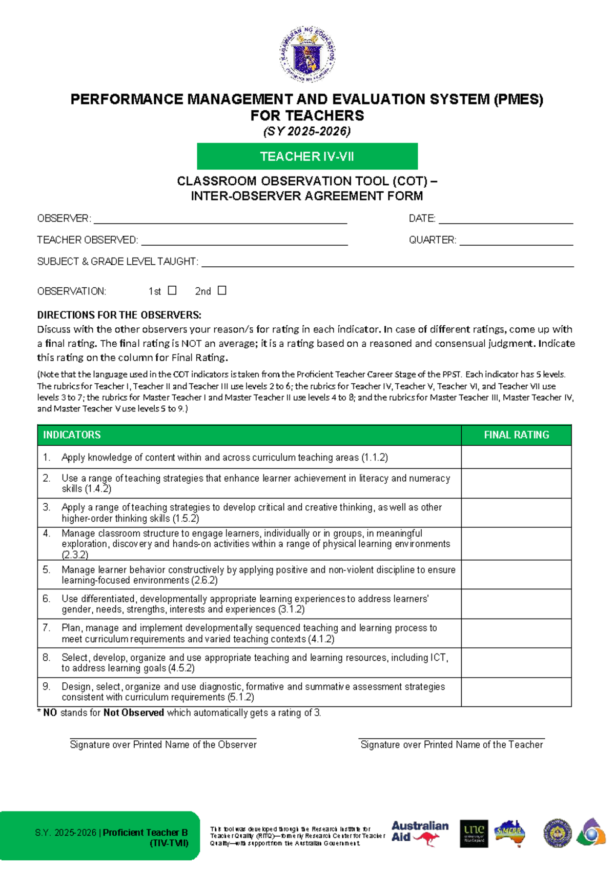 COT Inter-Observer Agreement Form for Proficient Teacher (TIV-TVII ...