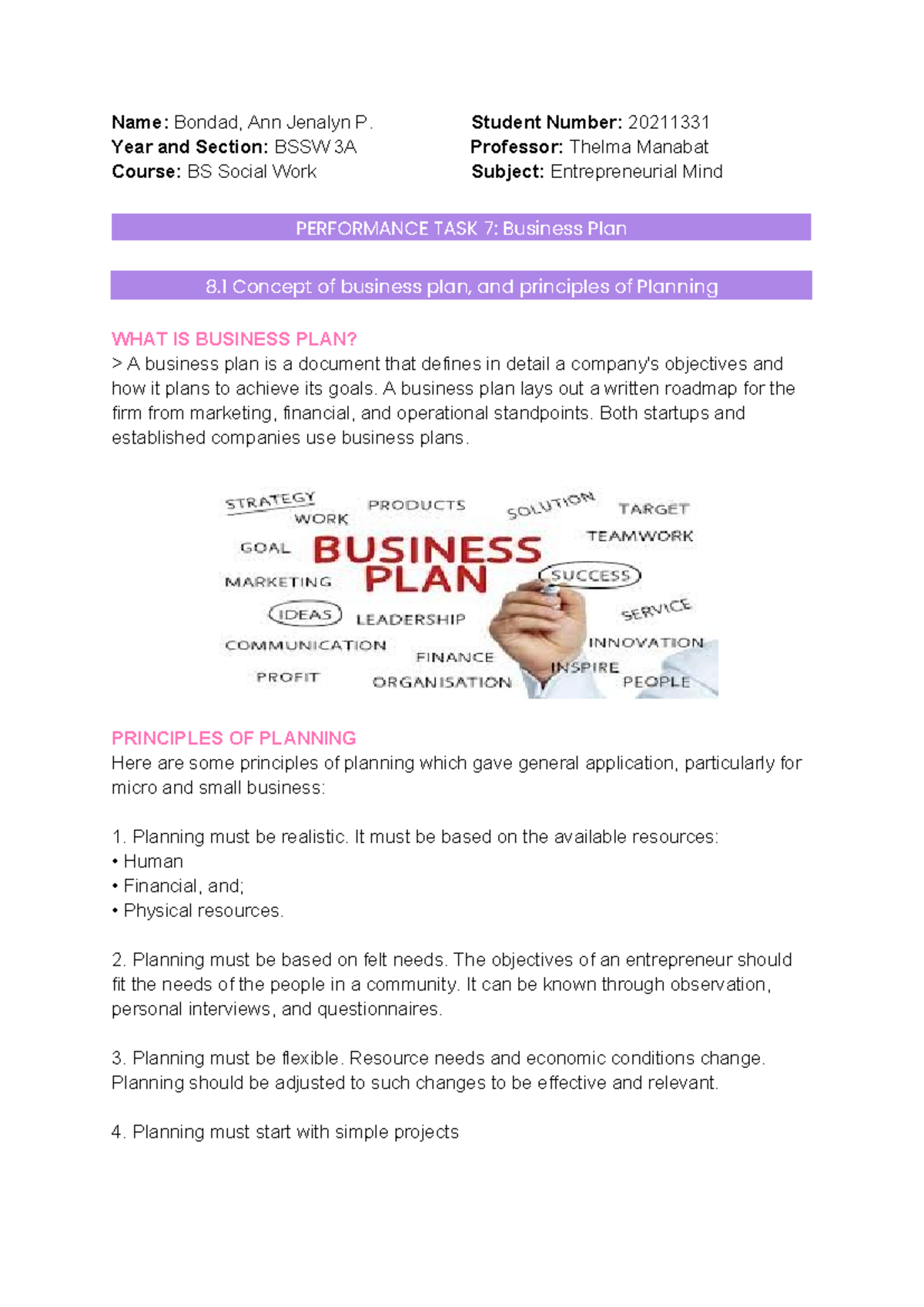 PT 7: Business Plan Concepts & Planning Principles for BSSW 3A - Studocu