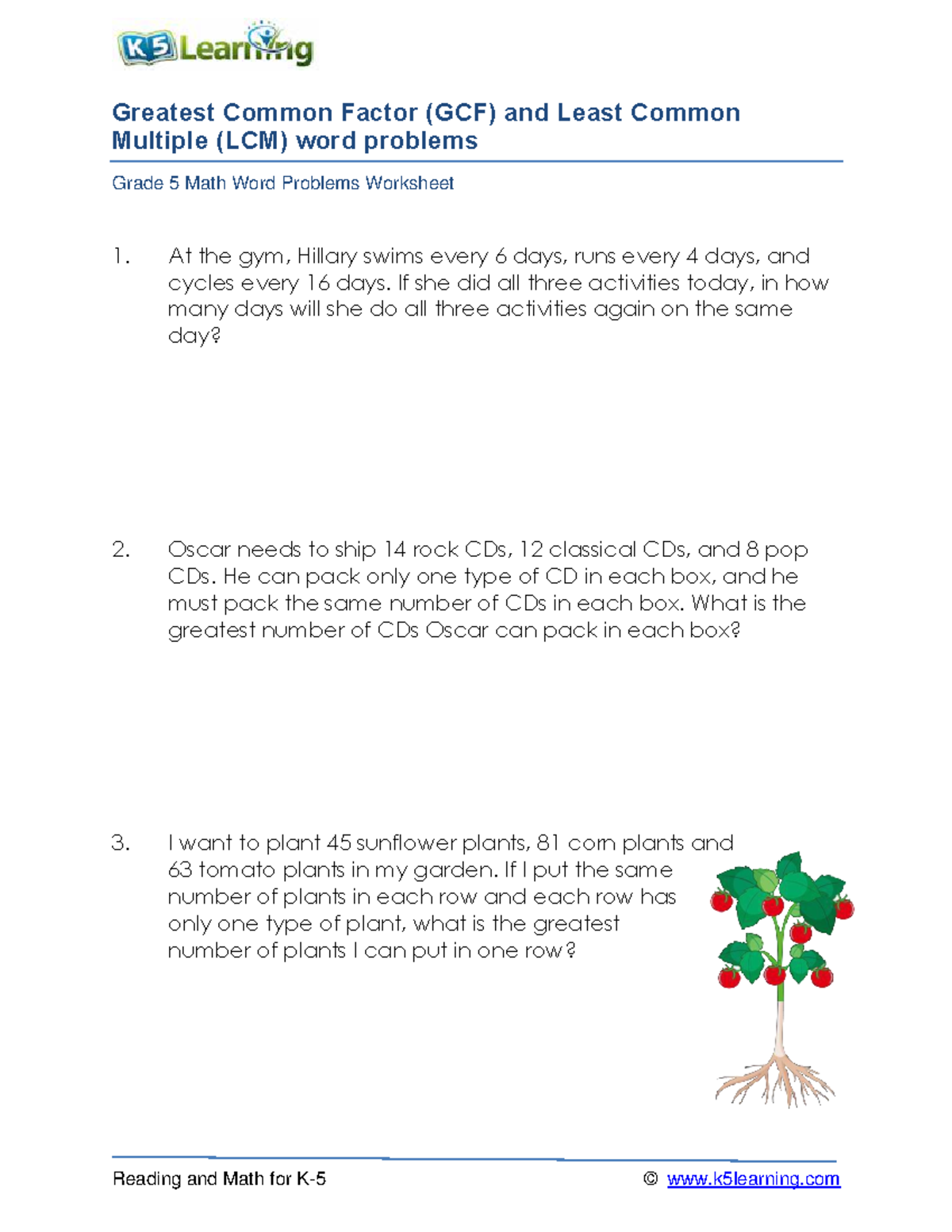 Grade 5 GCF & LCM Word Problems Worksheet 1 - Studocu