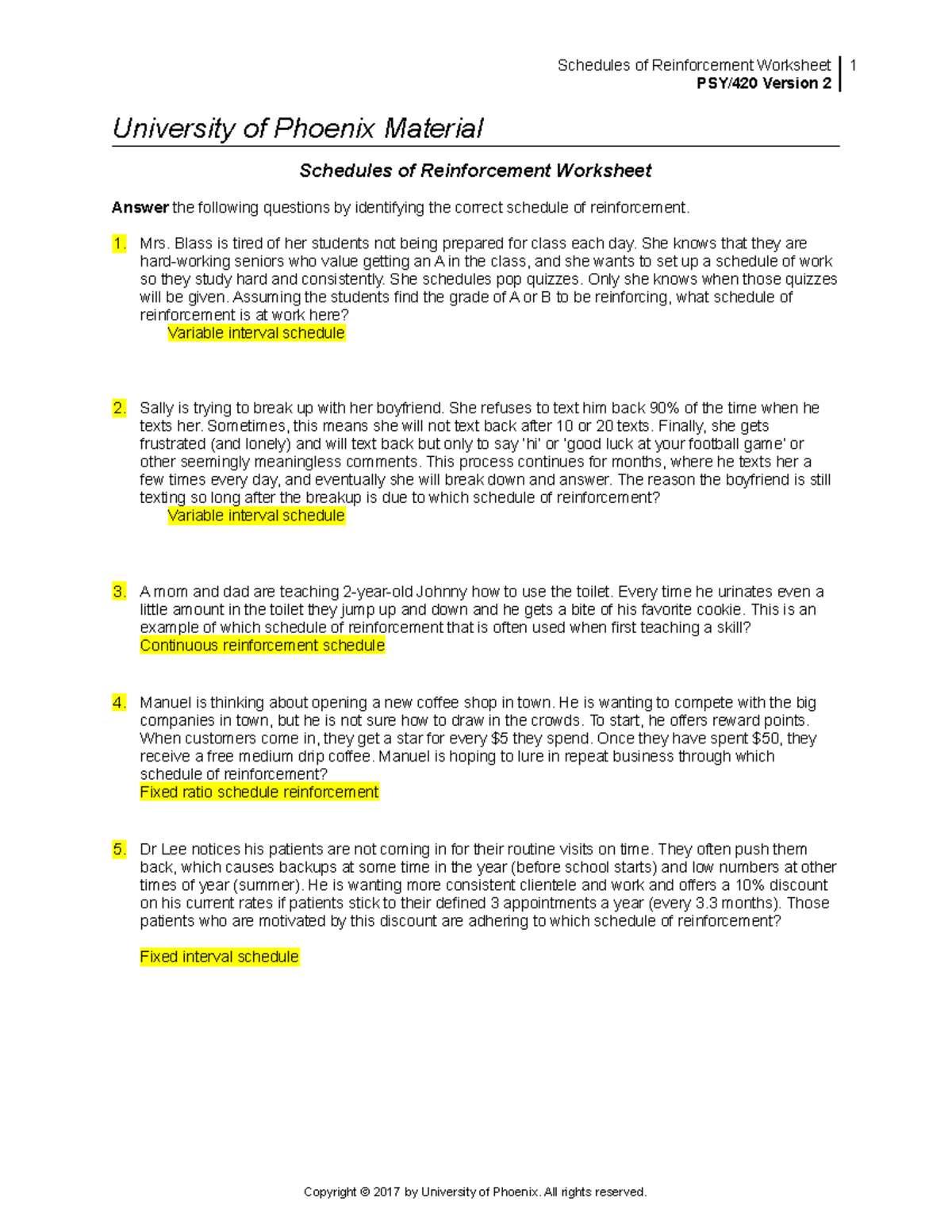 PSY420r2 schedules of reinforcement worksheet - Schedules of ...
