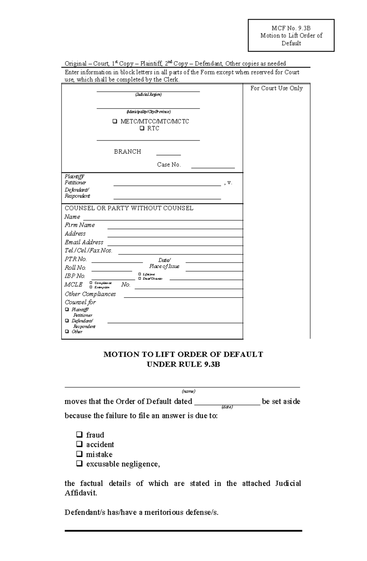 MCF 9.3B Motion to Lift Default Order Under Rule 9 - Studocu