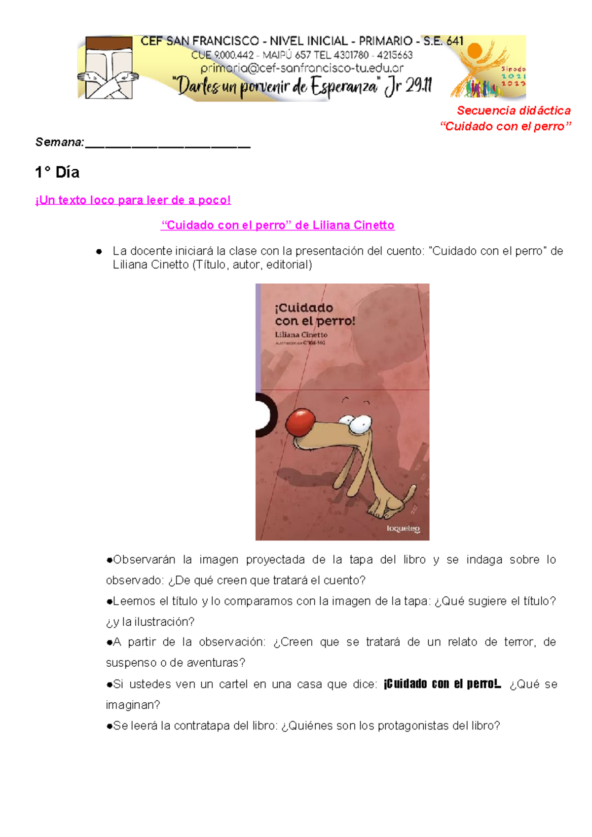 Secuencia Didáctica: "Cuidado con el perro" de Liliana Cinetto - Studocu