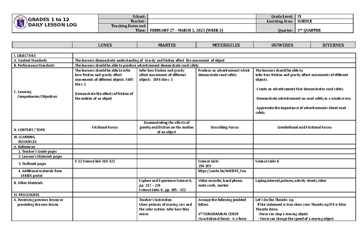 DLL Science 6 Q3 W3 - Understanding Friction and Gravity Effects - Studocu