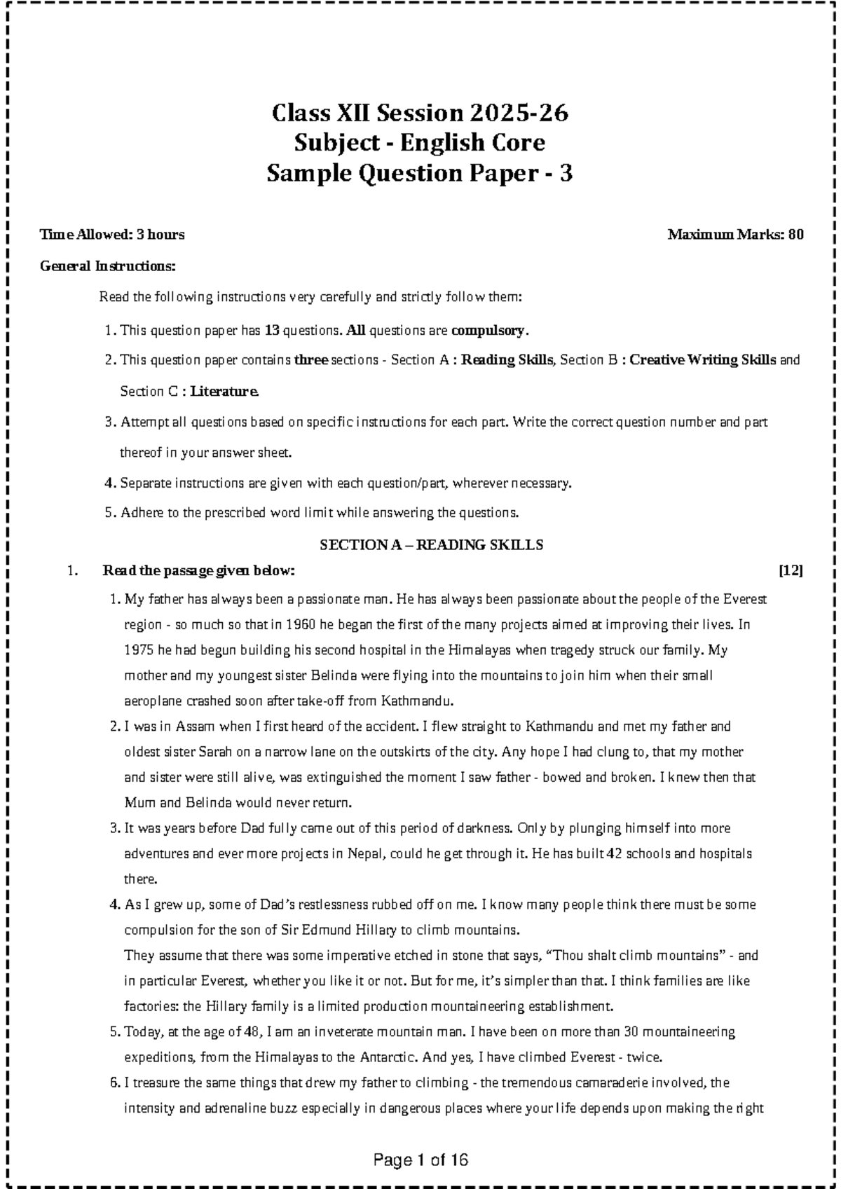 English Core Class XII Sample Question Paper 3 - Studocu
