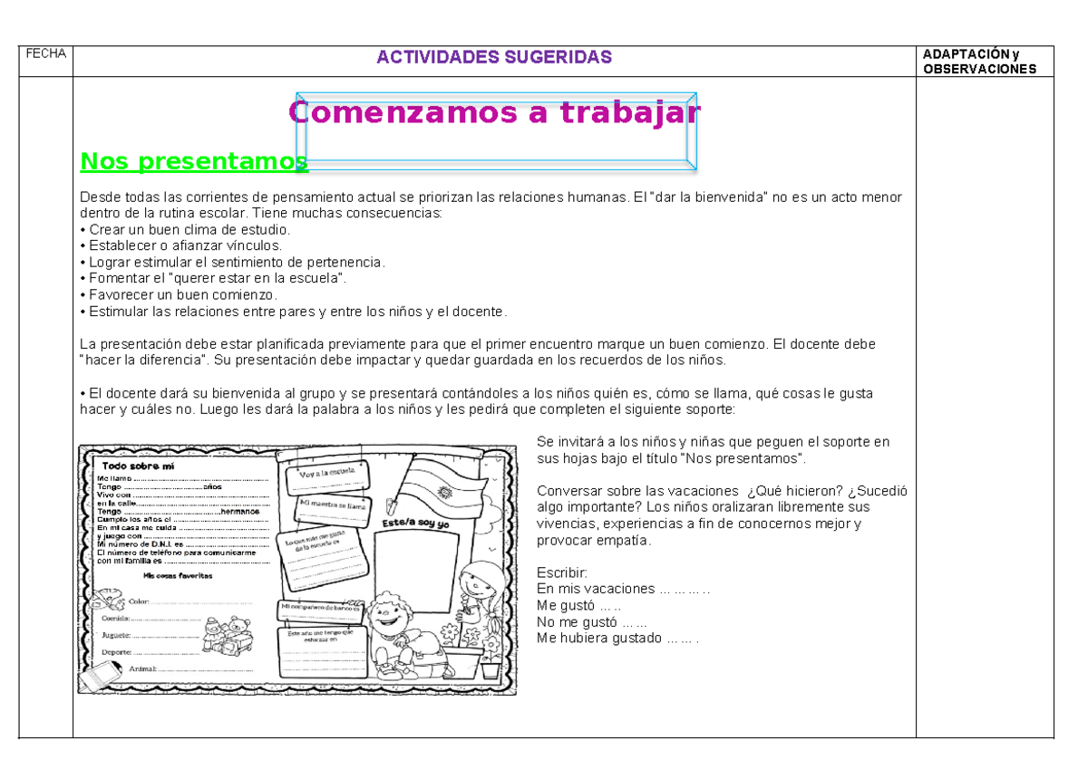 Primeros dias de clase cuarto grado - FECHA ACTIVIDADES SUGERIDAS ...