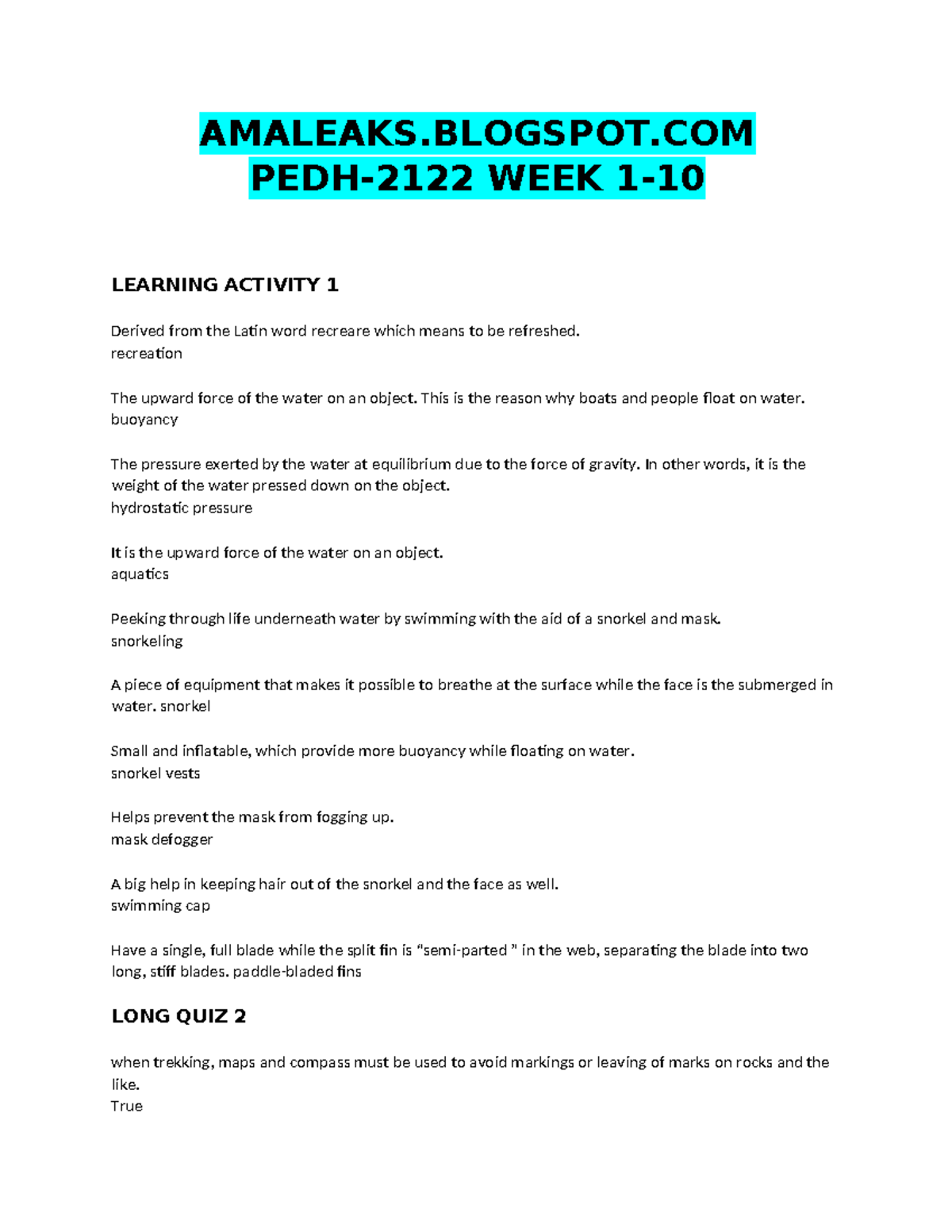 PE 4th Quarter Quiz: Aquatics and Recreation Concepts - Studocu