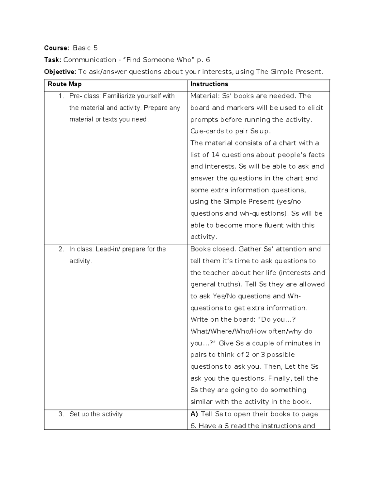 Basic 5 Communication Task: Simple Present Activity Guide - Studocu