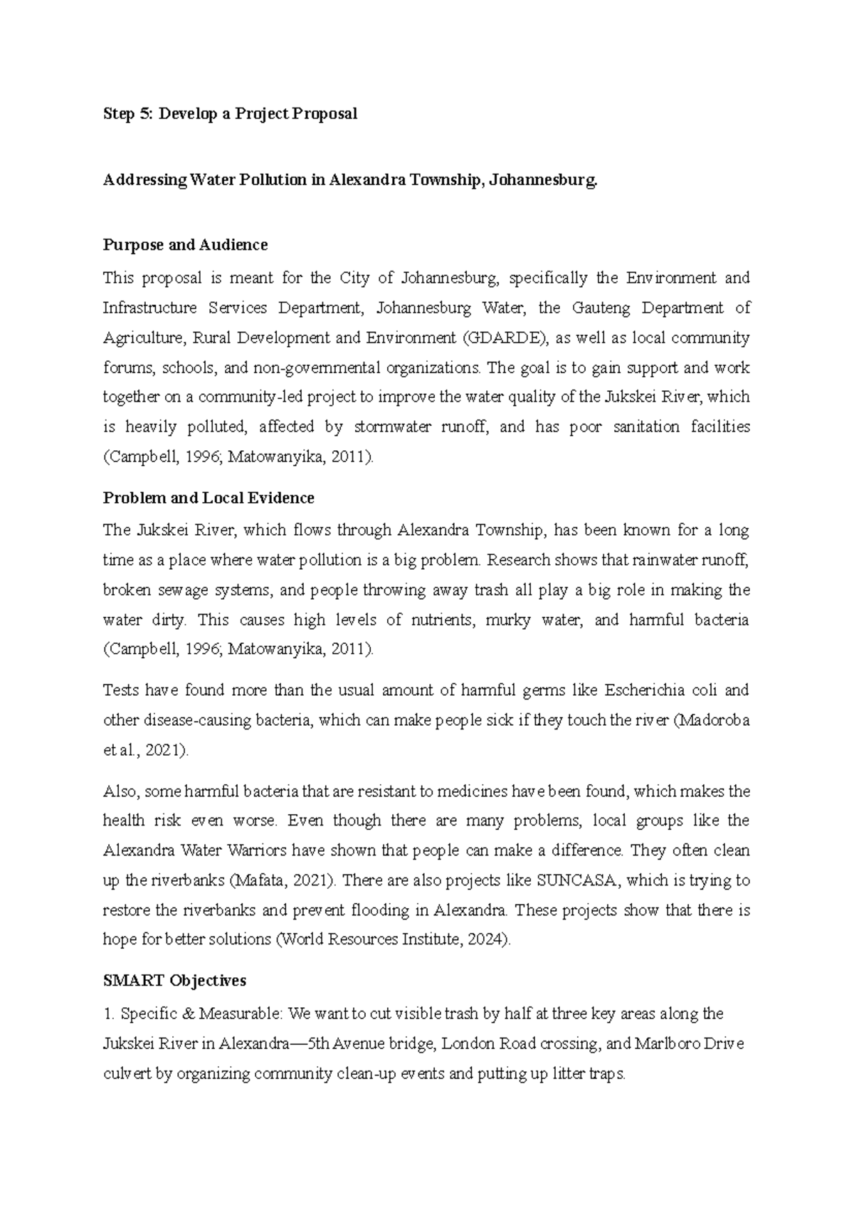 Project Proposal: Addressing Water Pollution in Alexandra Township ...