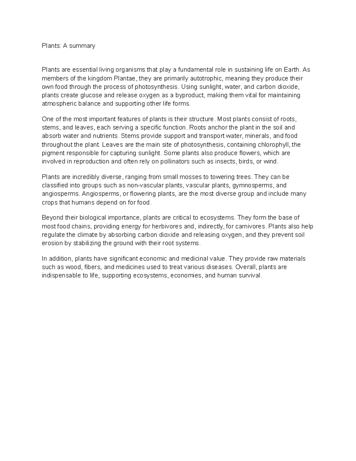 Plants: Essential Organisms for Life and Ecosystems - Studocu