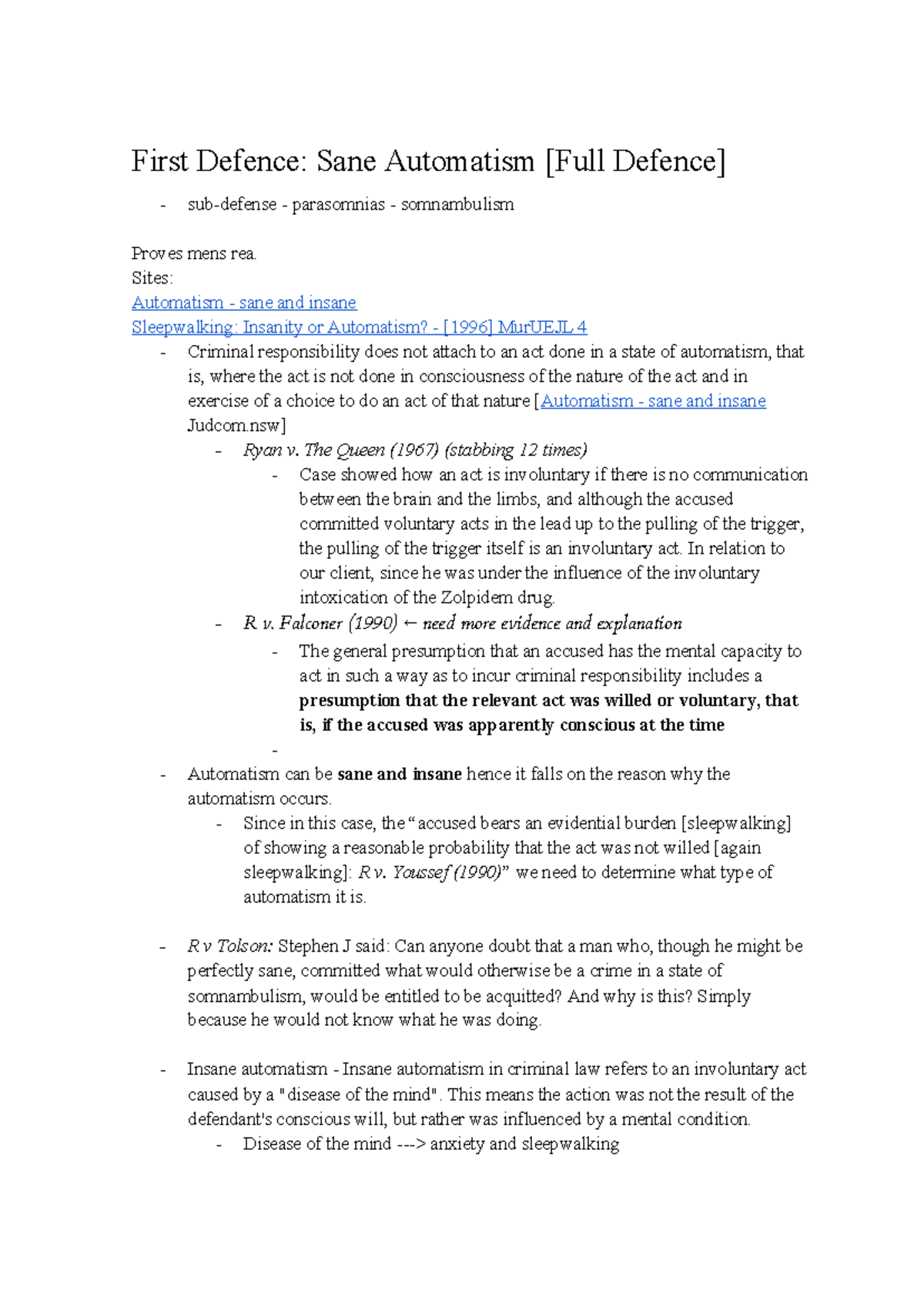 Y11 T2 Legal Moot Prep: Sane Automatism & Mental Impairment Cases - Studocu