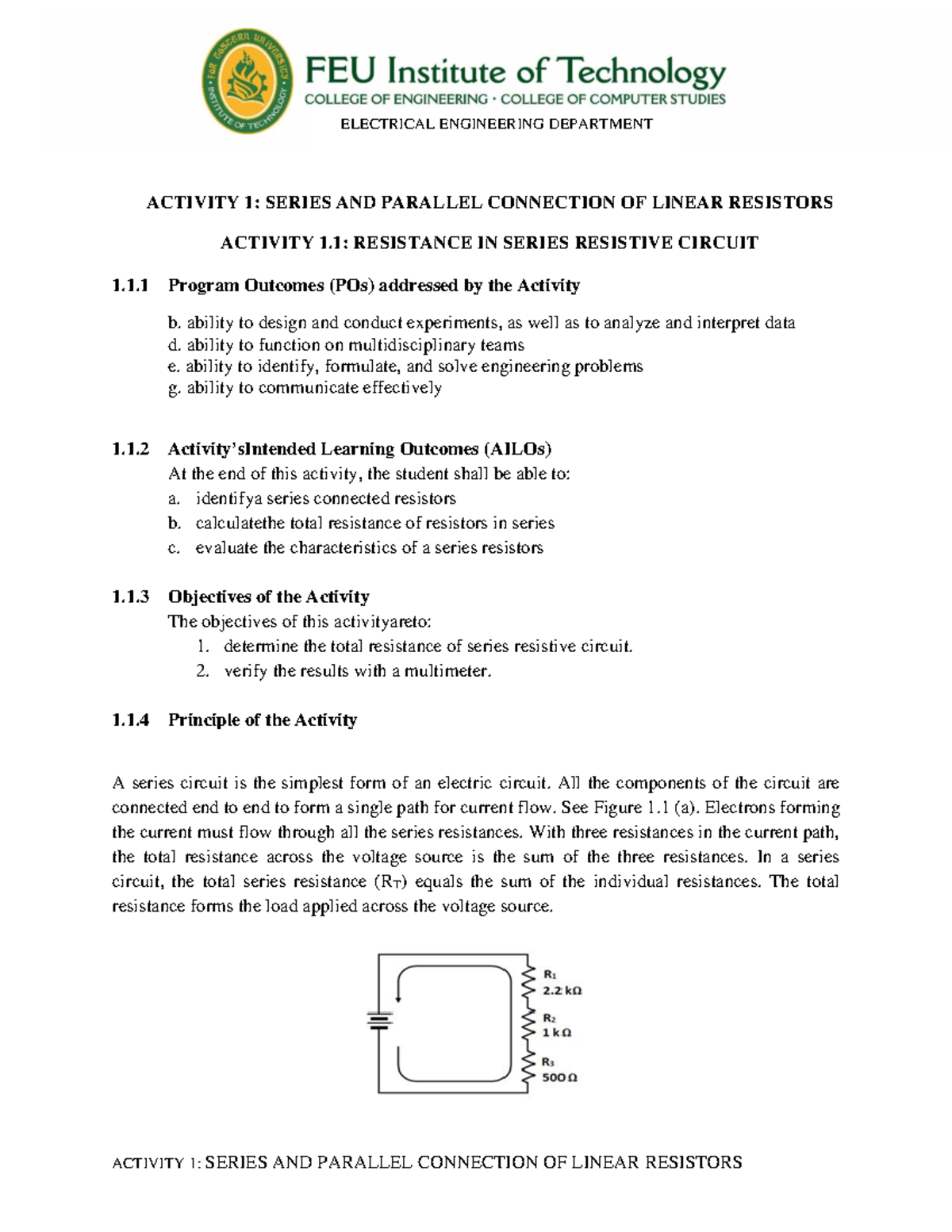 Exp1 - Experiment 1.1 - ACTIVITY 1: SERIES AND PARALLEL CONNECTION OF ...