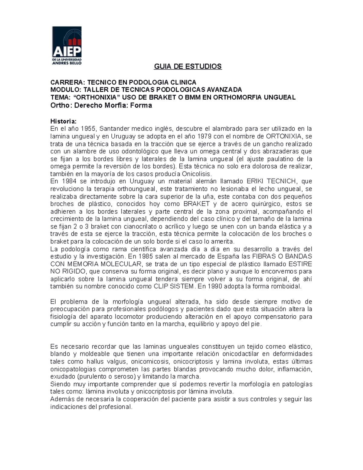 Guía de Estudios para Orthonyxia y Uso de Braket/BMM - T.P. Podología ...