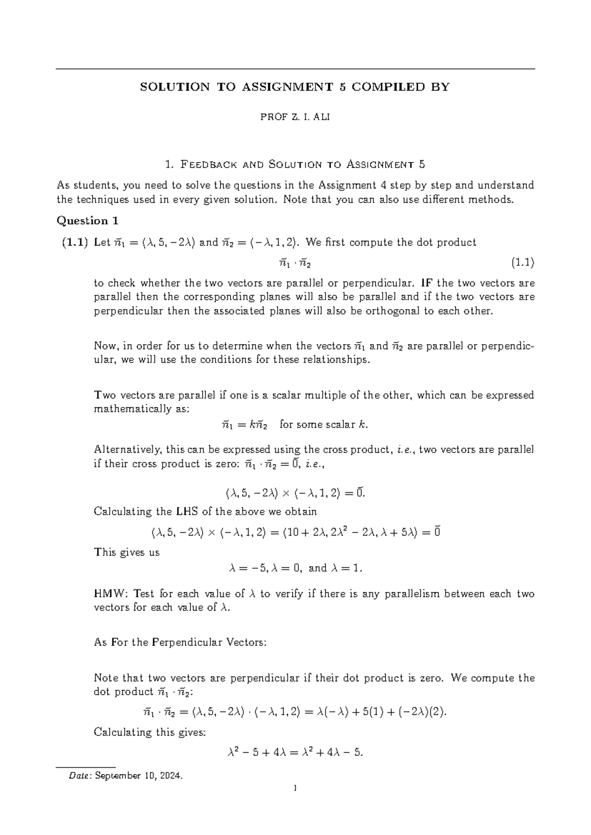 Solution Assignment 5 - SOLUTION TO ASSIGNMENT 5 COMPILED BY PROF Z. I ...